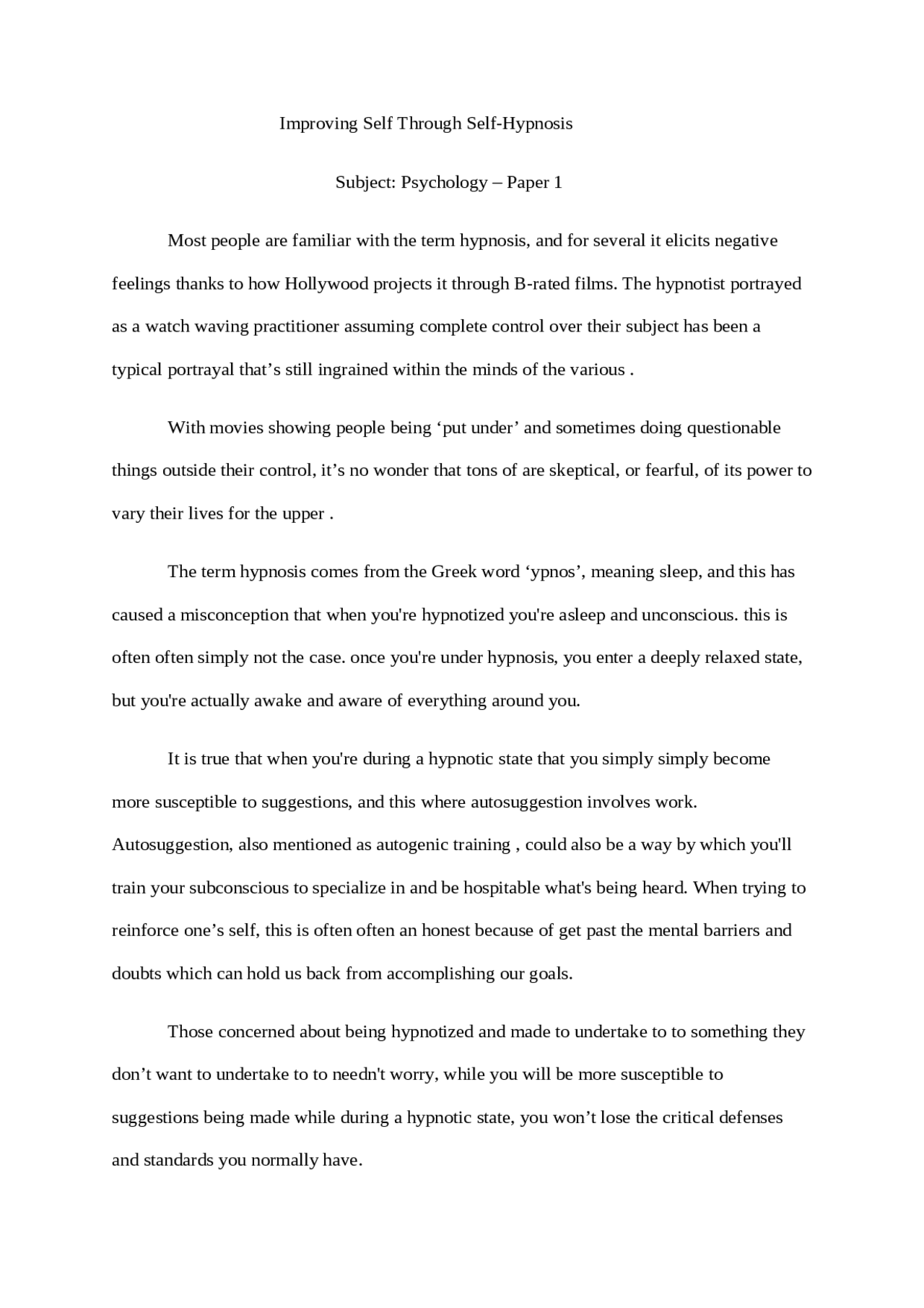 Improving Self Through Self-Hypnosis - Docsity