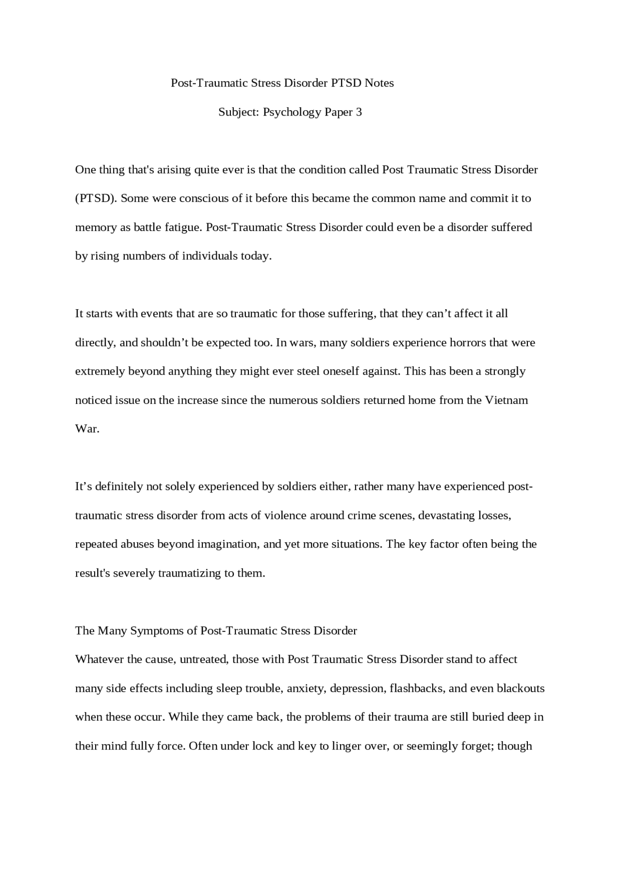 Post Traumatic Stress Disorder Notes - Docsity