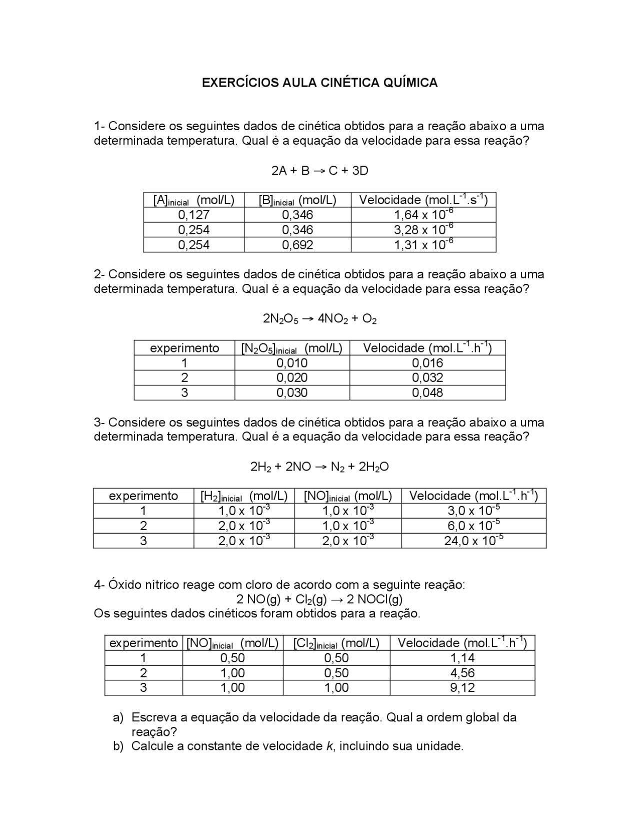 Exercícios Química Cinetica Exercises Chemistry Docsity
