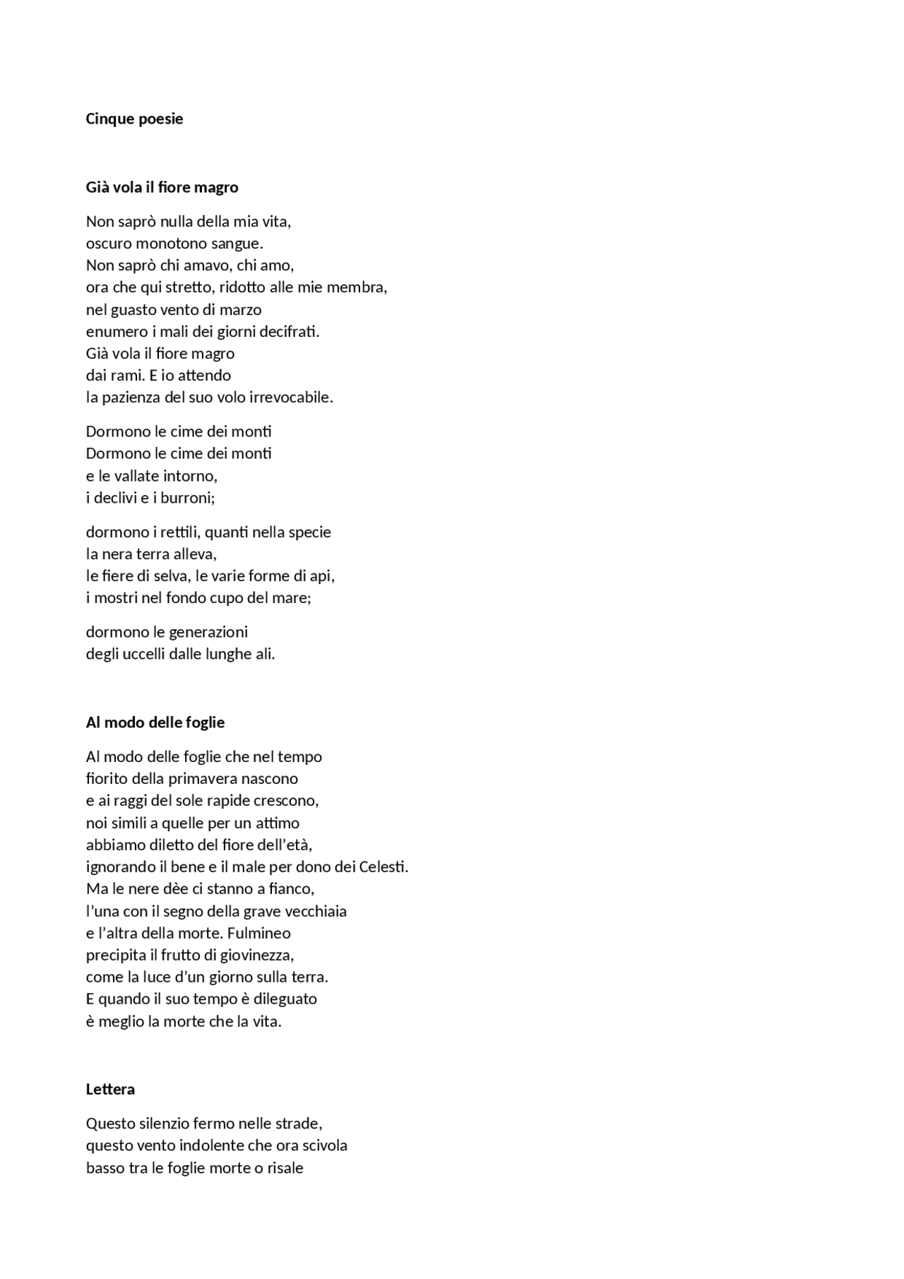Cinque Delle Poesie Più Importanti Di Quasimodo Docsity