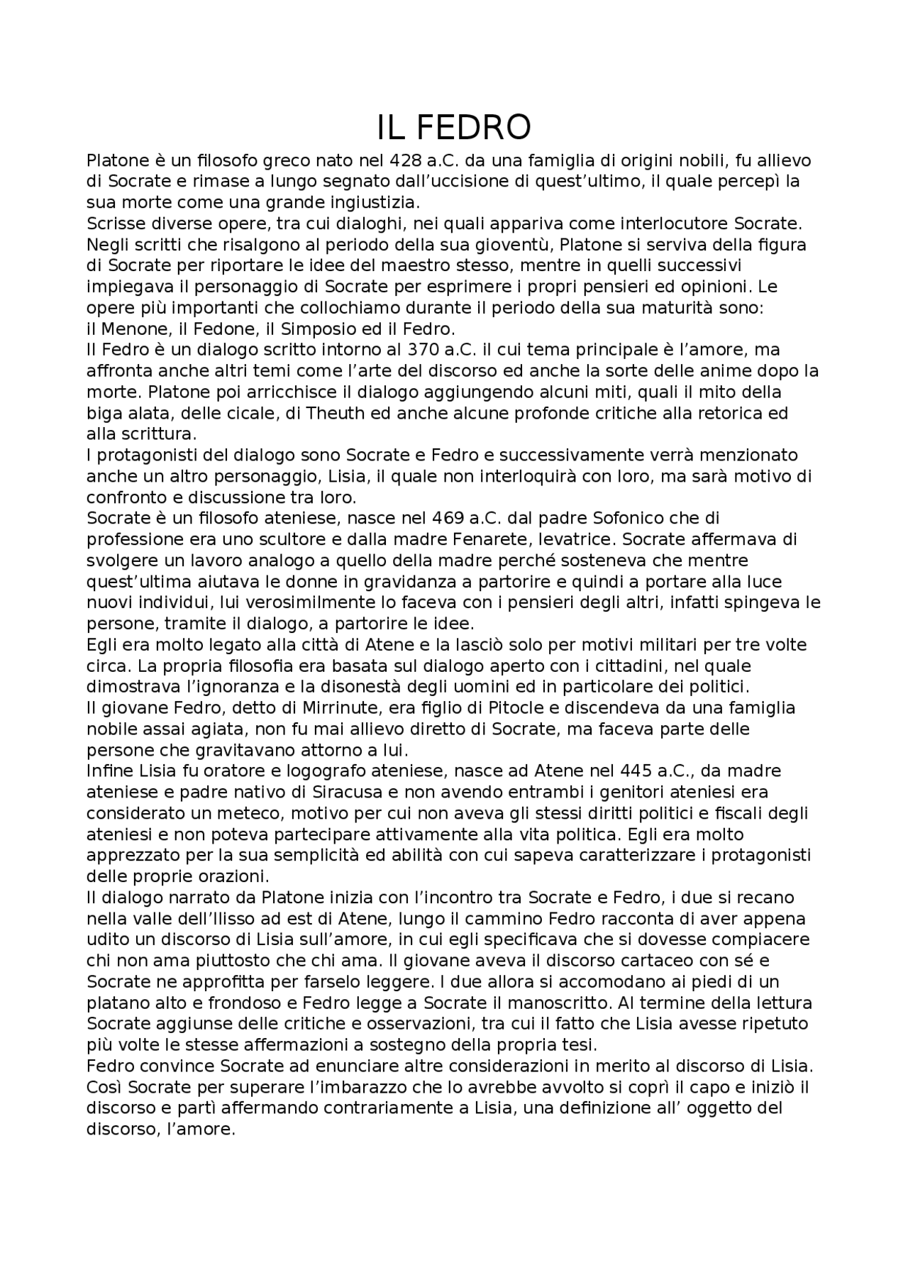 Sintesi E Comento De Il Fedro Di Platone Docsity