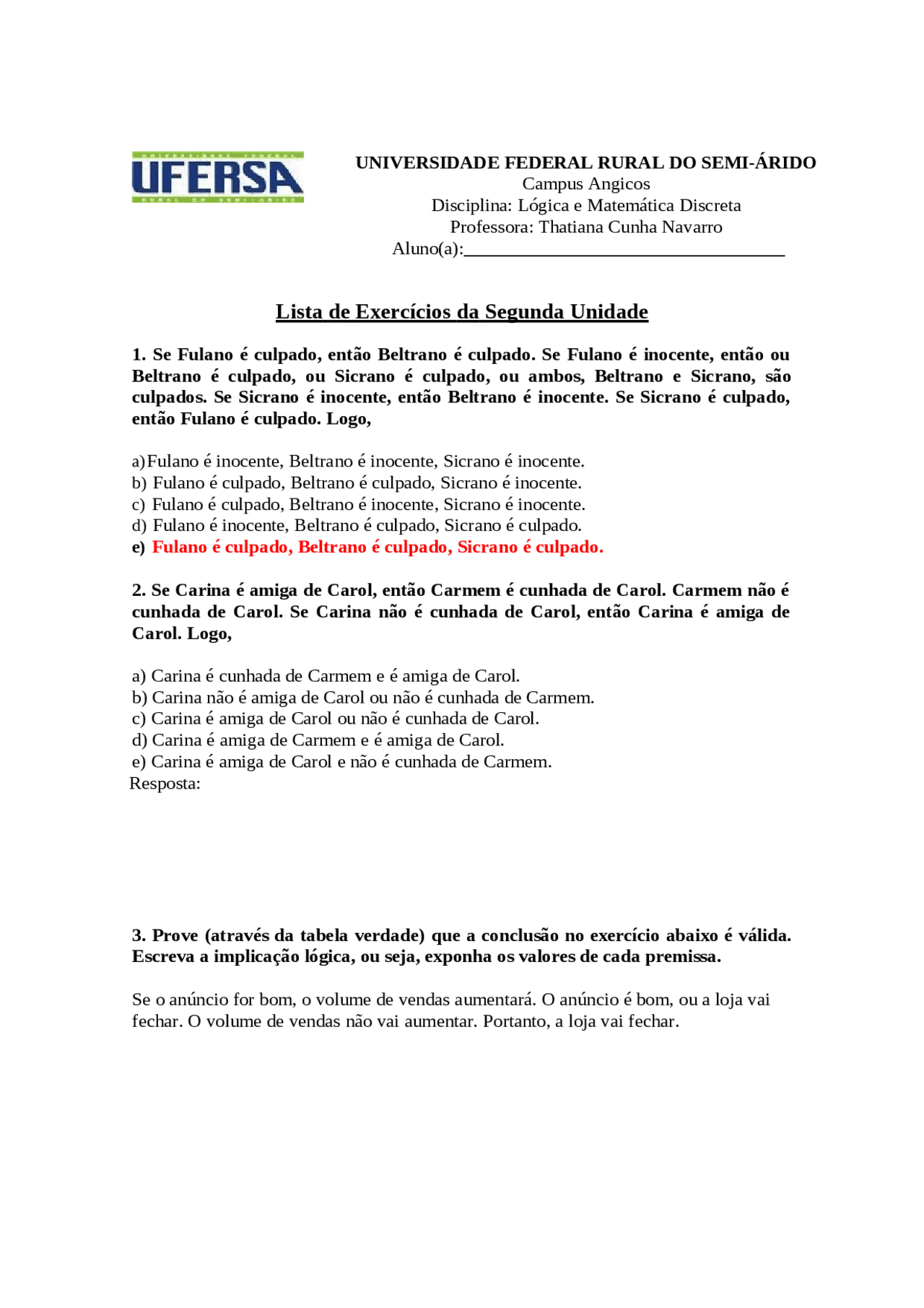 Exercicio De Logica E Matematica Docsity
