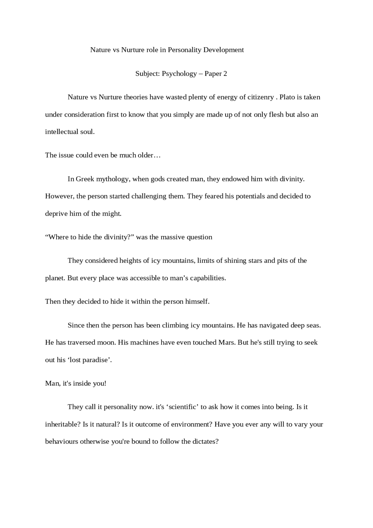 Nature VS Nurture role in Personality Development | Essays (university ...