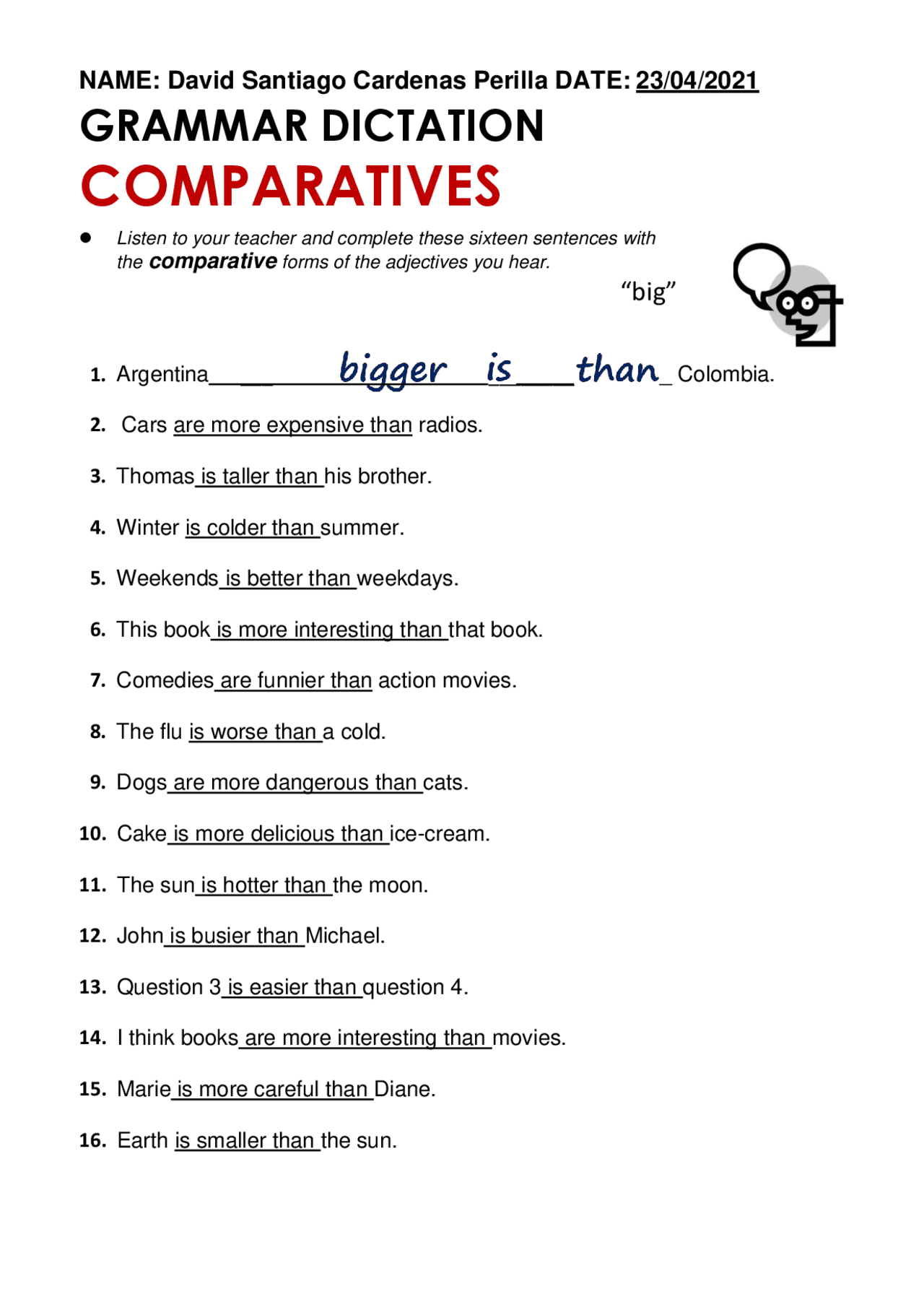 Activity about comparatives. - Docsity