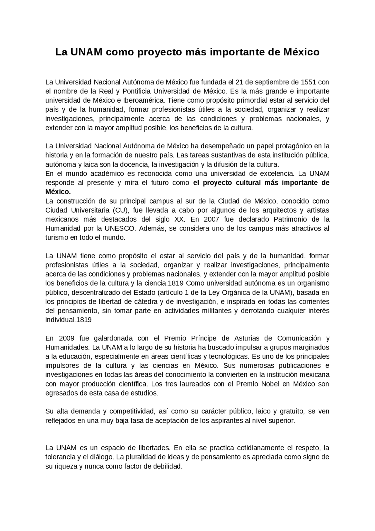 La UNAM como proyecto mas importante de México - Docsity
