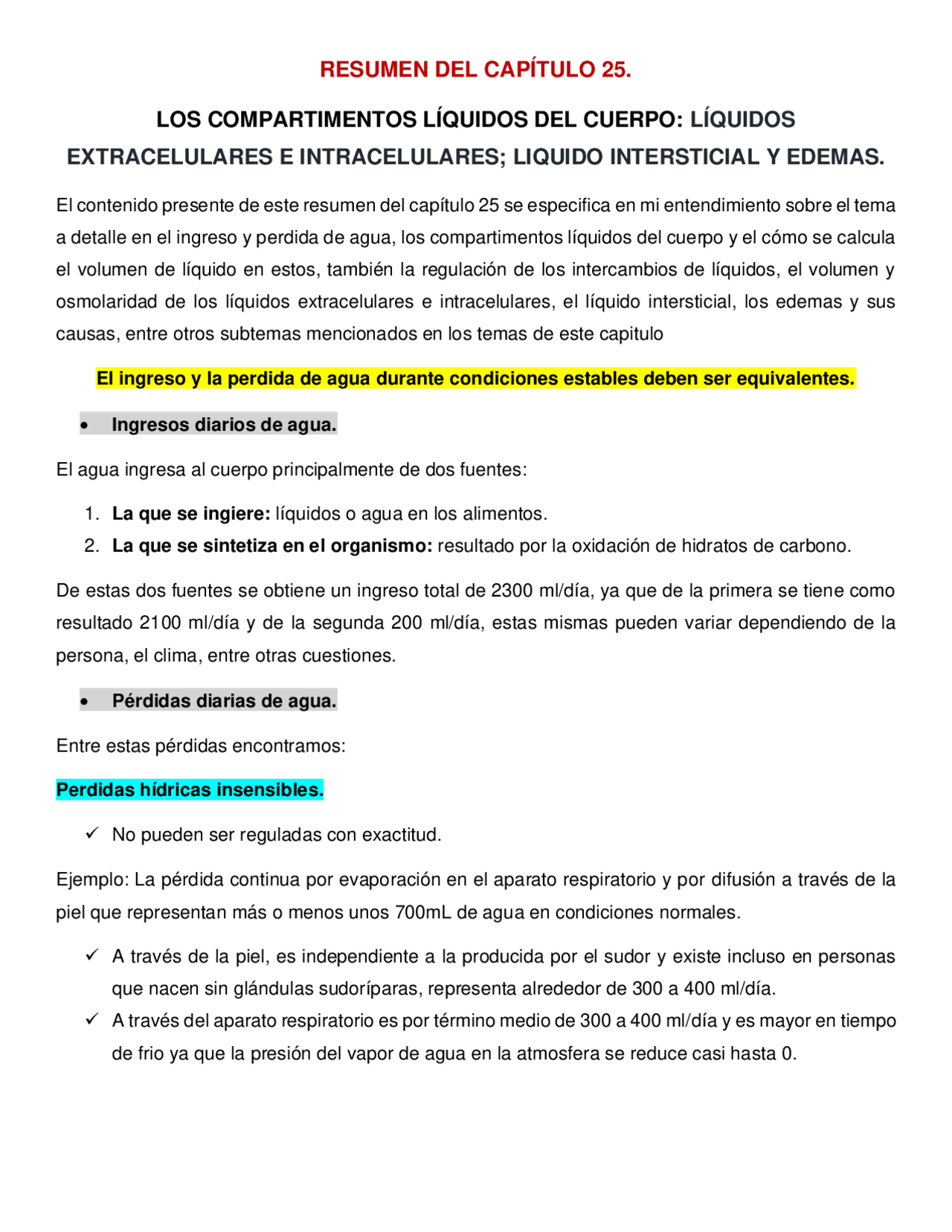 Resumen del capitulo 25 del libro de fisiología de Guyton - Docsity