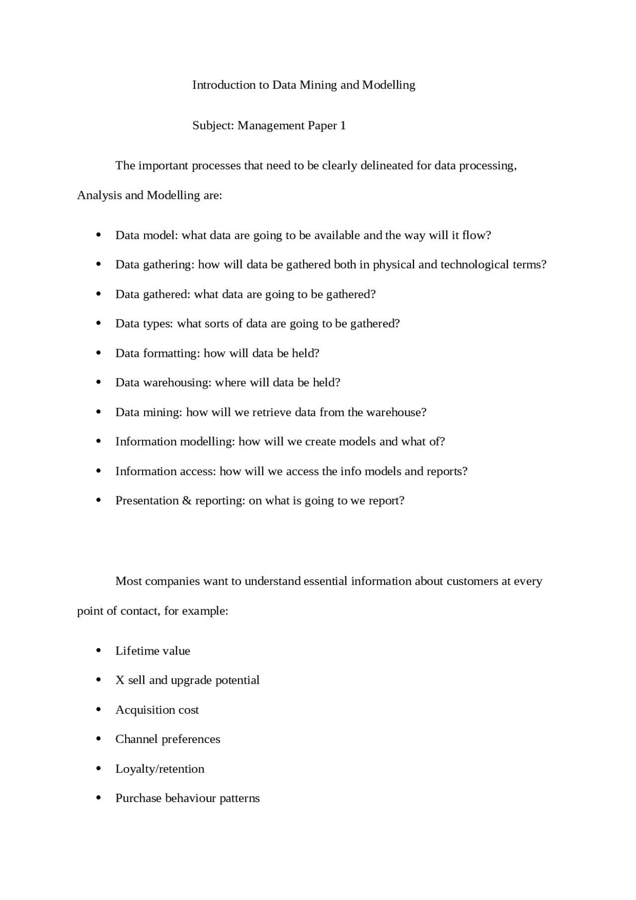 Introduction to Data Mining and Modelling | Essays (university) Management Fundamentals | Docsity
