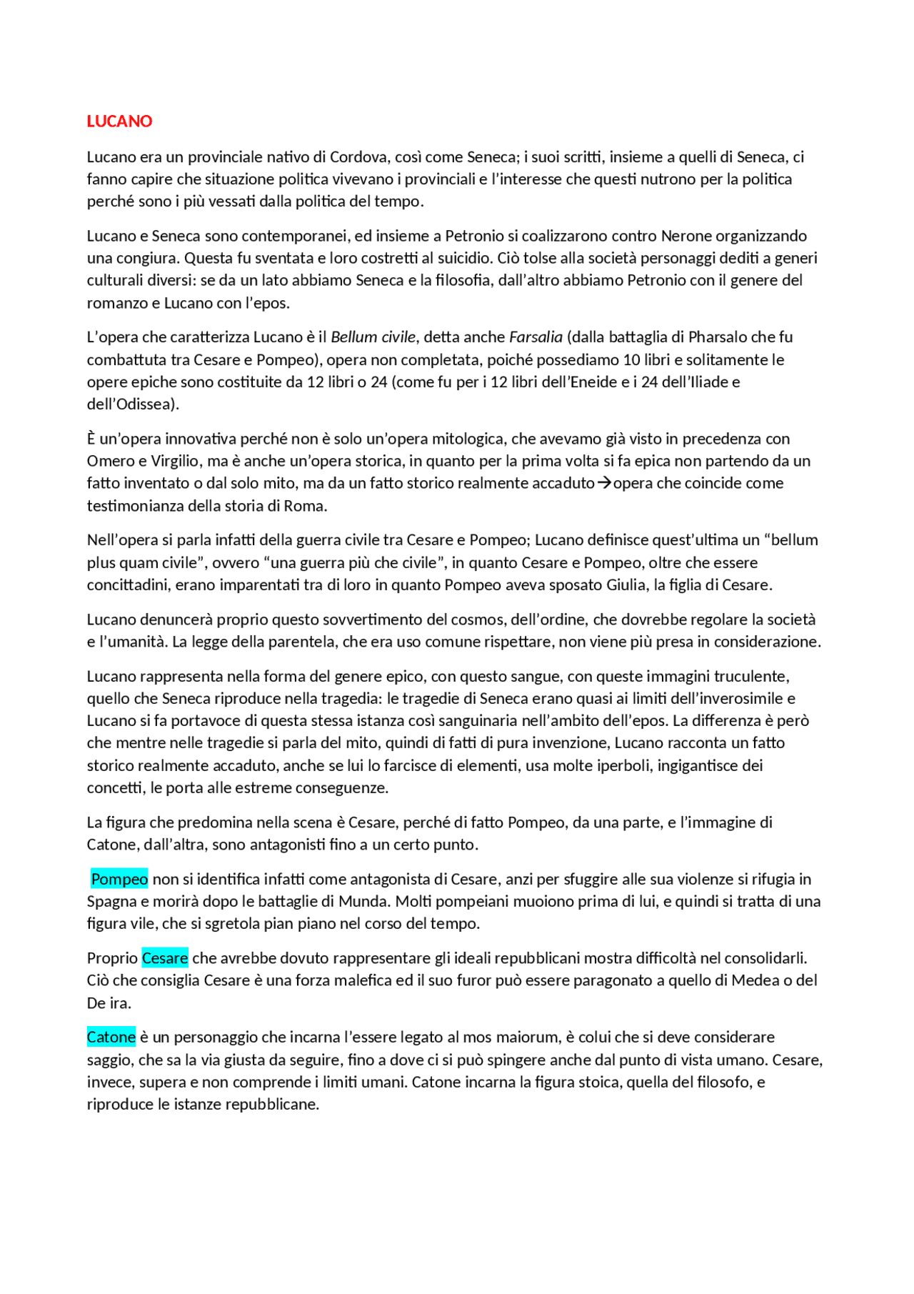Lucano Vita Opere E De Bellum Civile Docsity