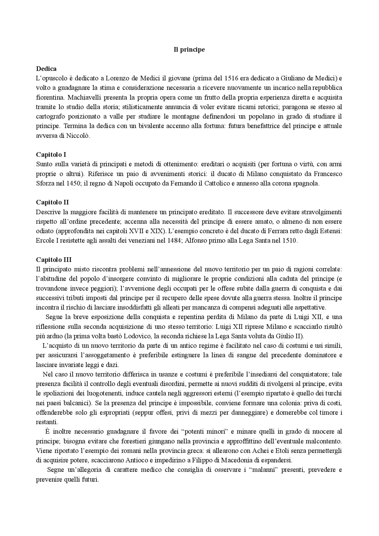 Il Principe Niccolò Machiavelli Riassunto Docsity