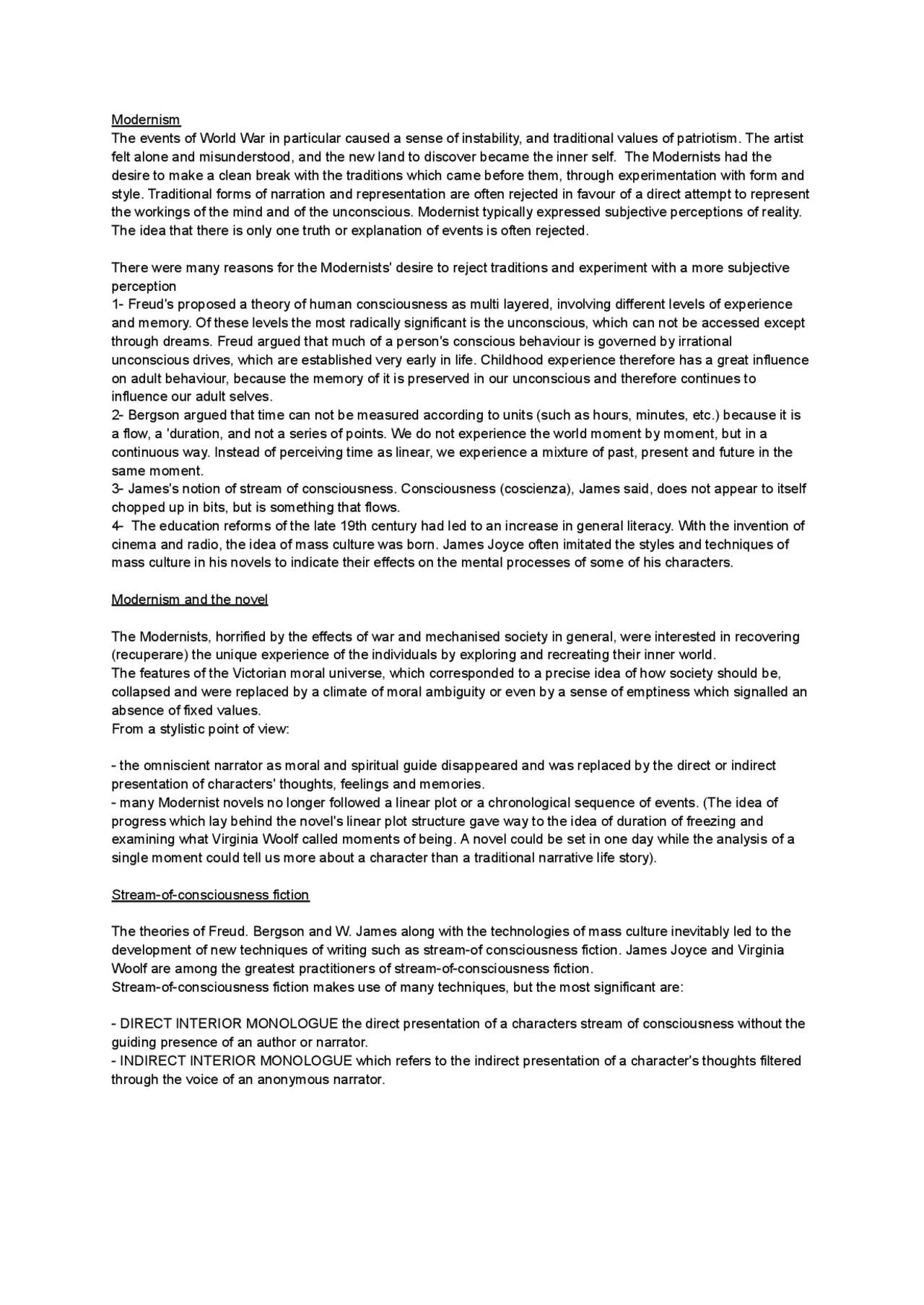 Modernism in the novel, stream of consciousness - Docsity