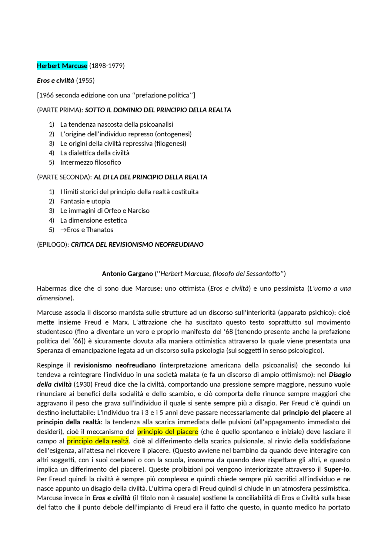 Appunti Su Eros E Civiltà 1955 Di Marcuse Docsity