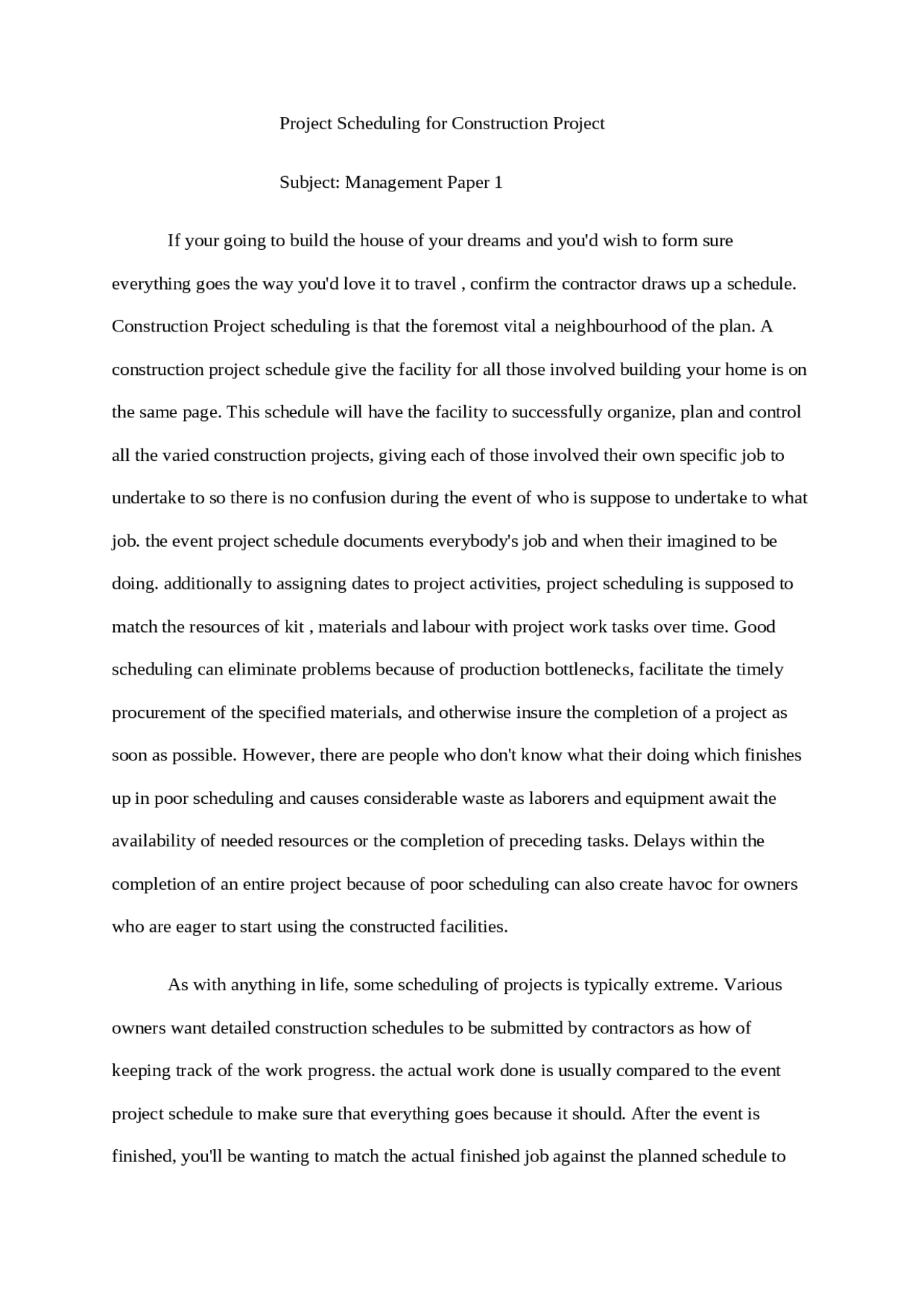 Project Scheduling for Construction Project | Essays (university ...