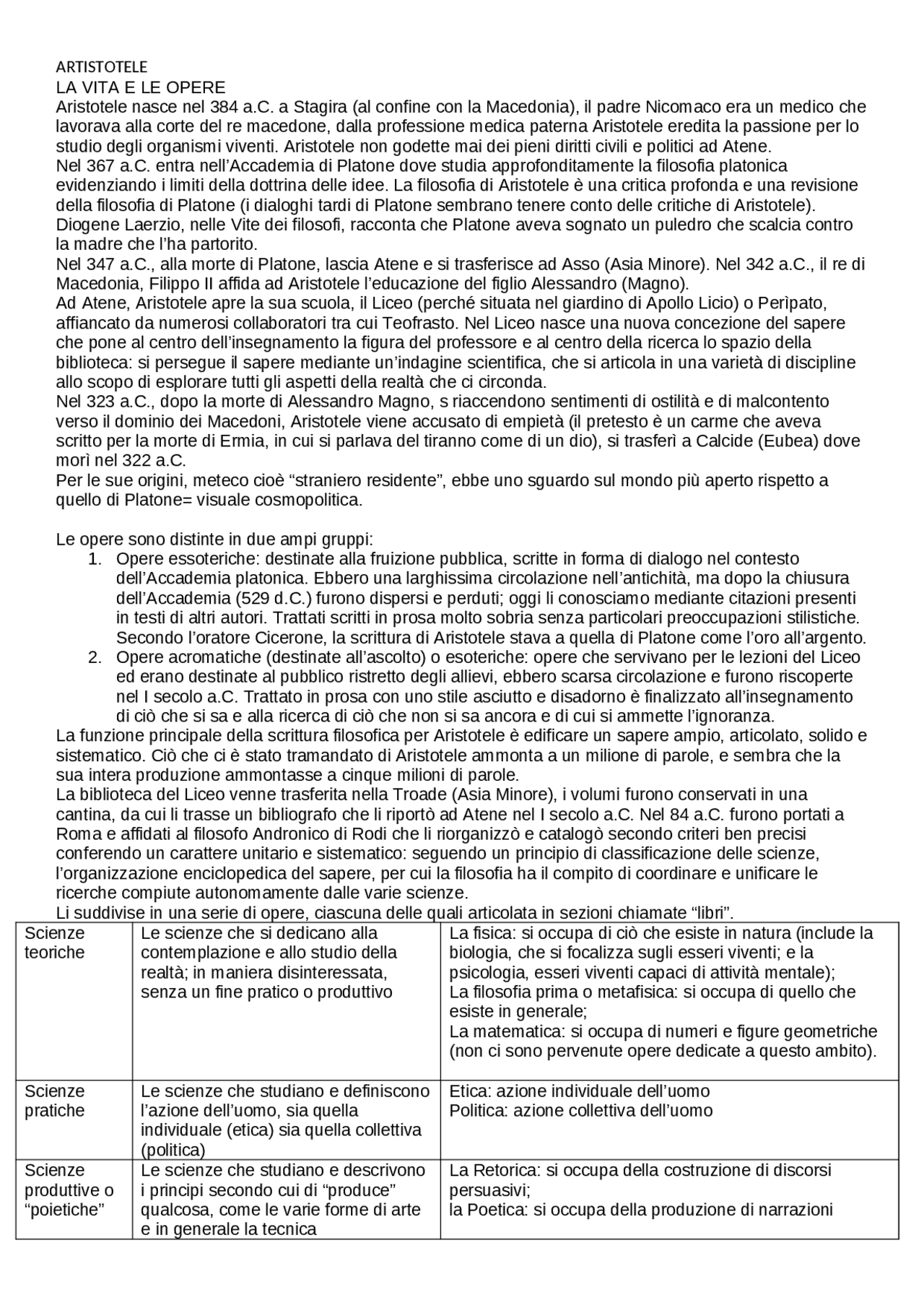 Aristotele Appunti Terza Liceo Filosofia Docsity