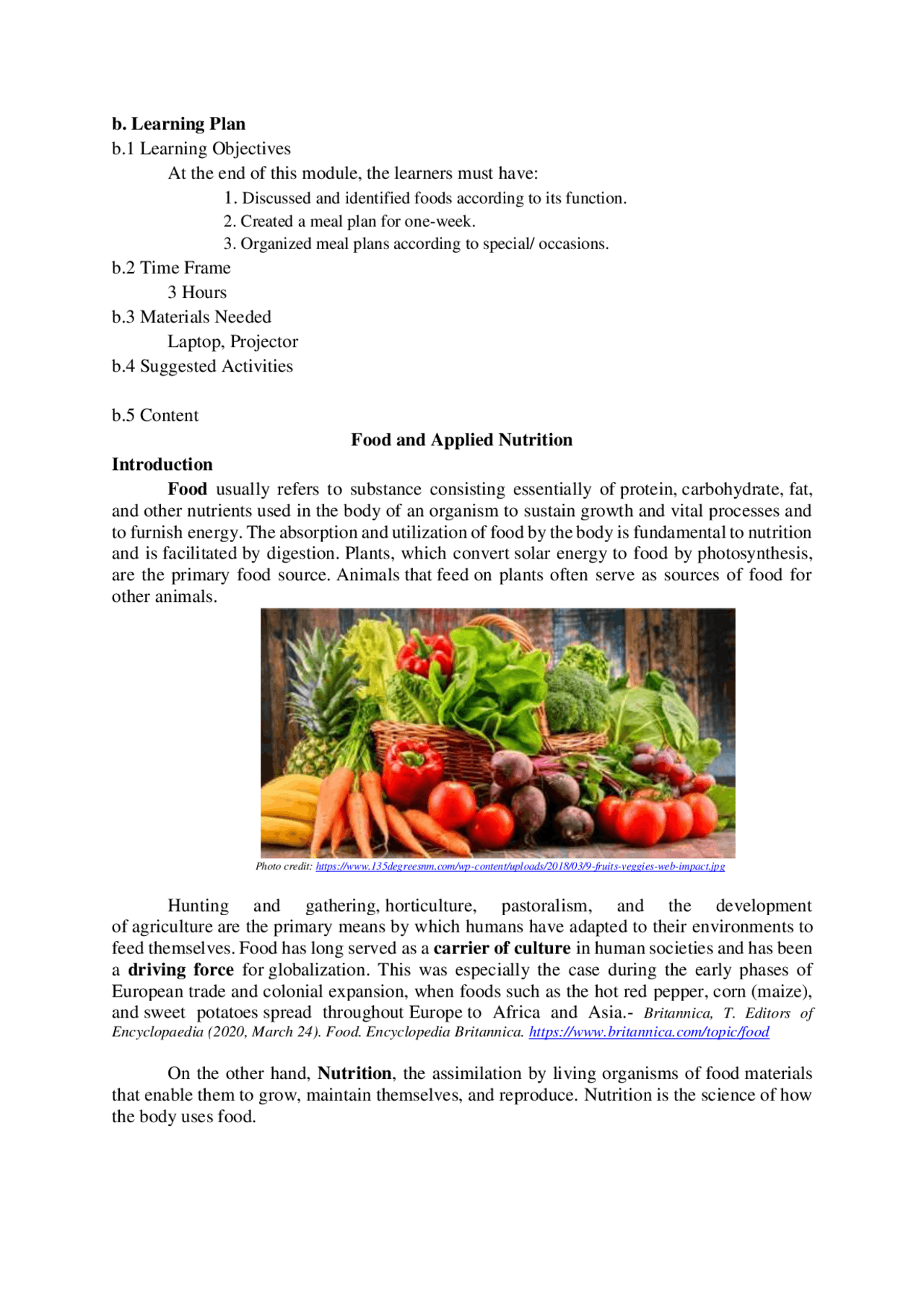 Learning Plan about Food and Applied Nutrition - Docsity