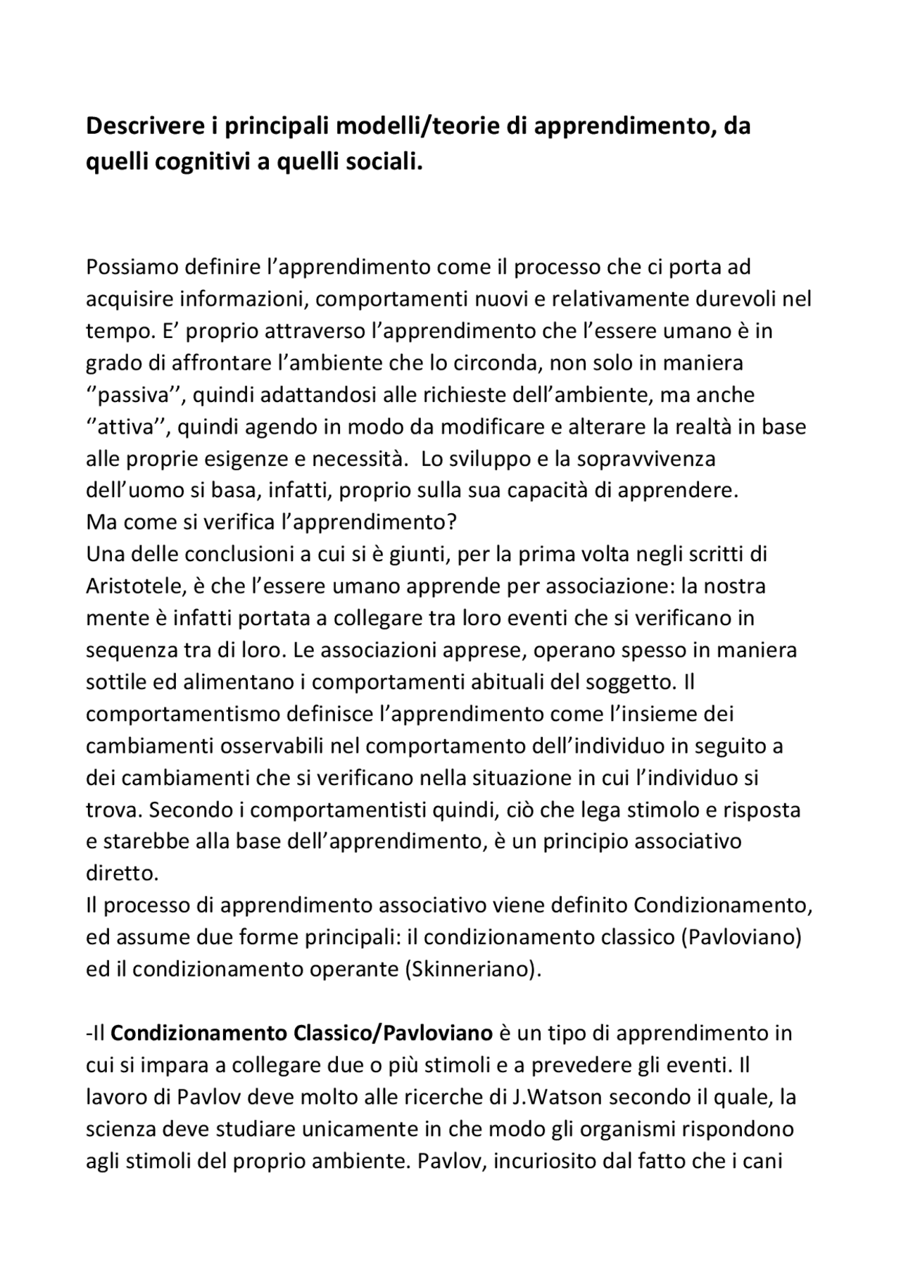 I Principali Modelli Di Apprendimento Docsity