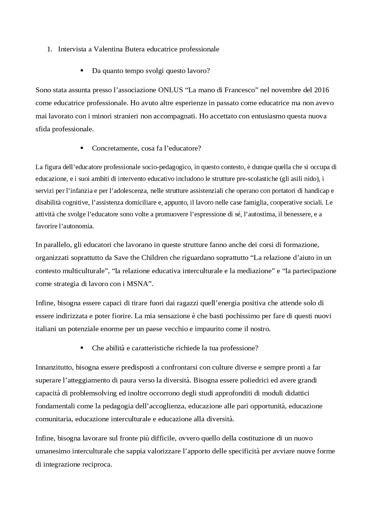 Intervista ad una educatrice professionale - Docsity