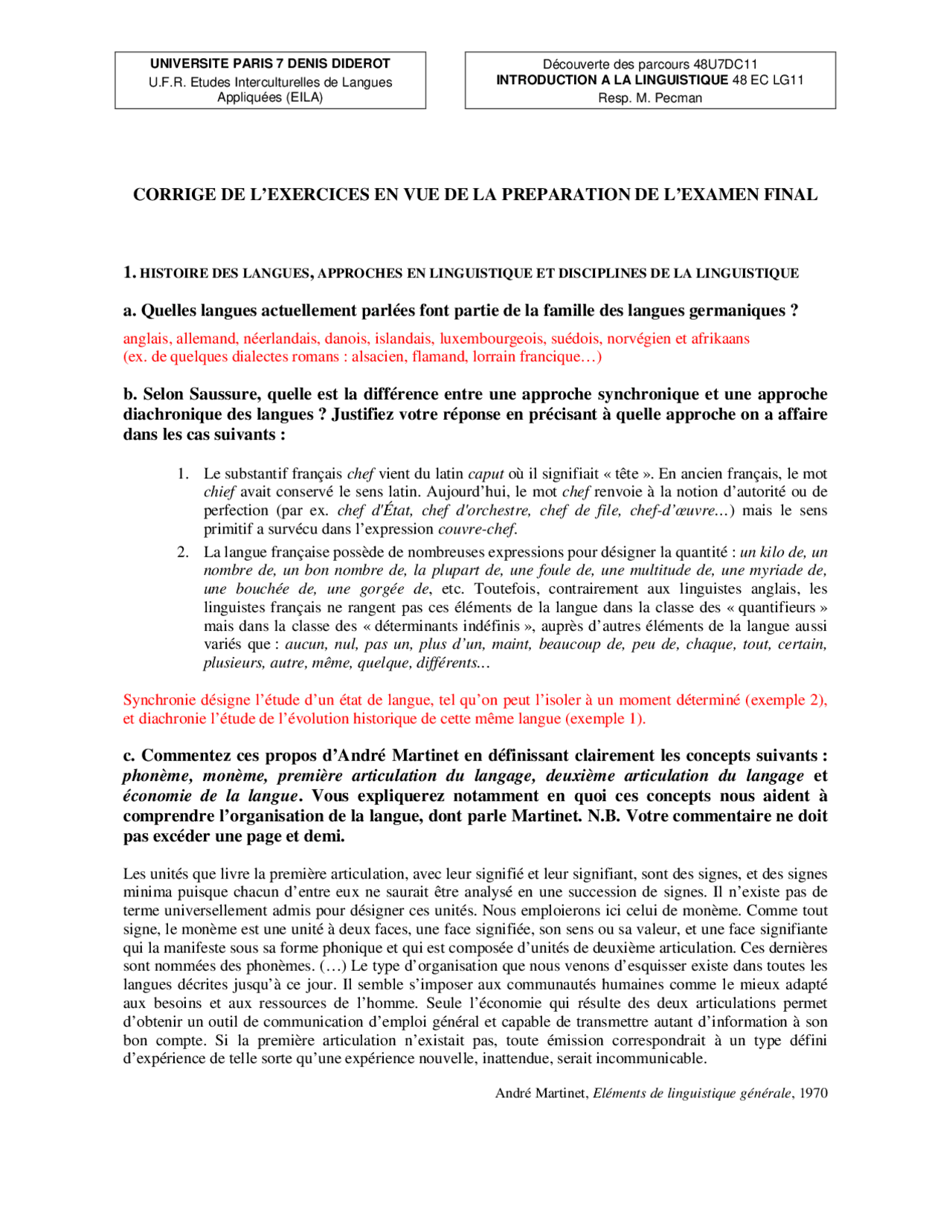 Corrigé De Lexercices En Vue De La Preparation De Lexamen Final