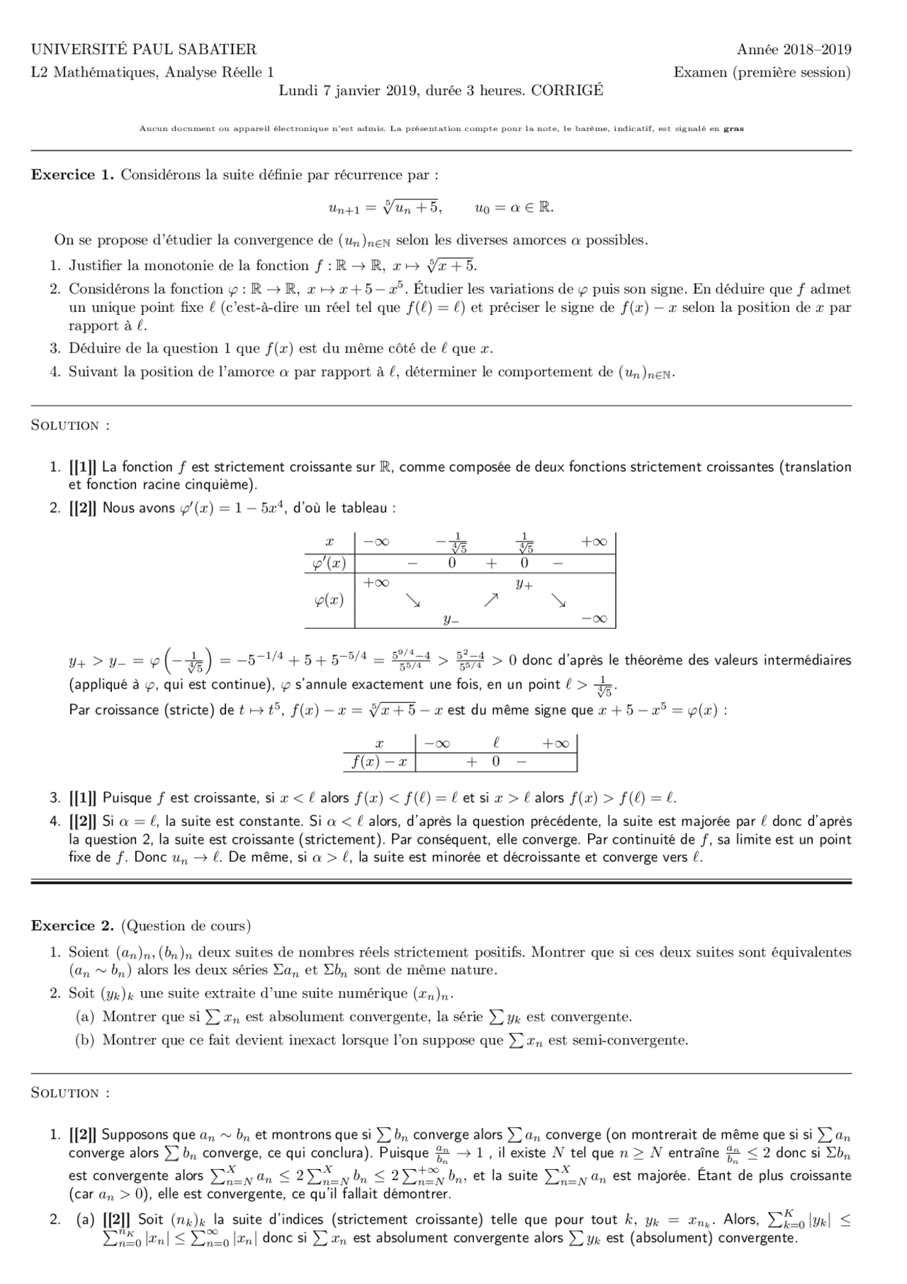 Mathématiques Analyse Réelle 1 Épreuve Corrigé Docsity