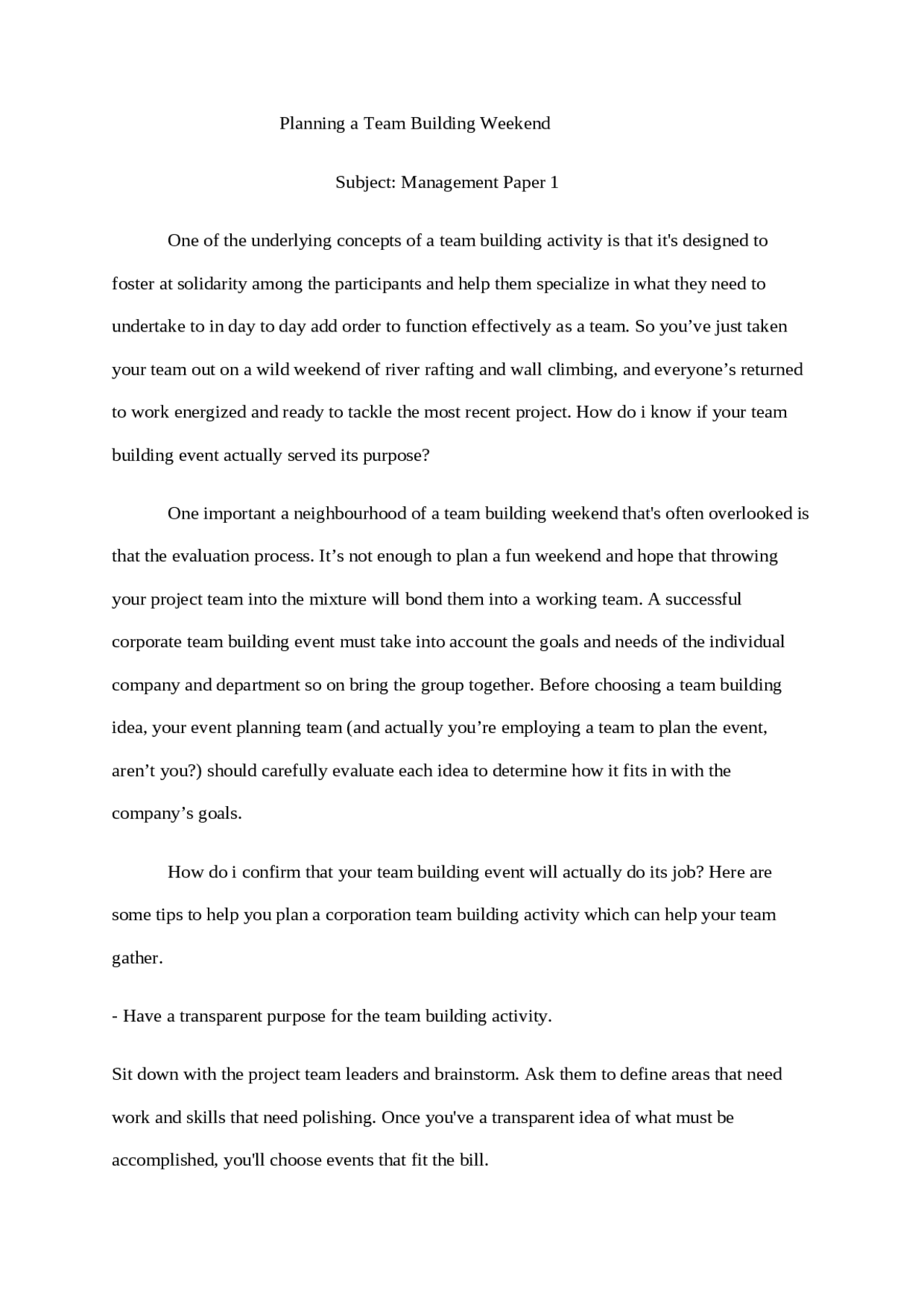 Planning a Team Building Weekend - Docsity