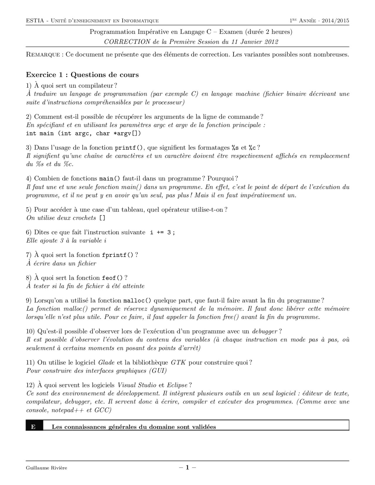 Épreuve Corrigé De Programmation Impérative En Langage C Docsity