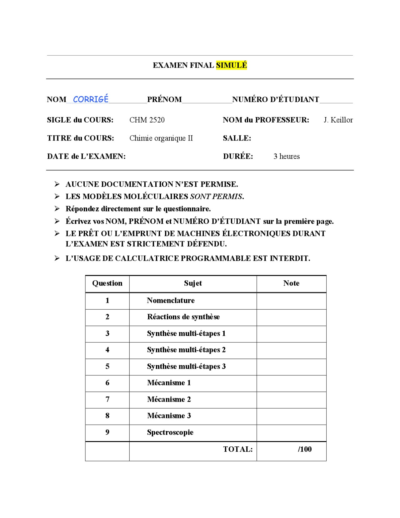 Chimie Organique Ii Épreuve Corrigé Docsity