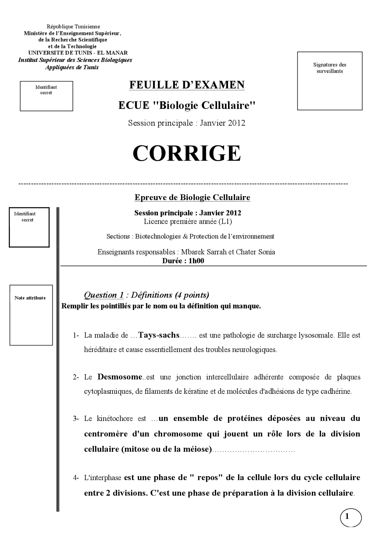 Épreuve Corrigé De Biologie Cellulaire Docsity