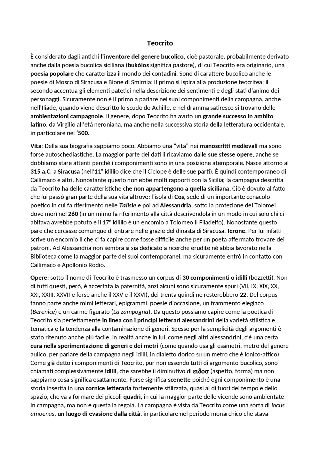 Appunti Su Teocrito Appunti Di Greco Docsity