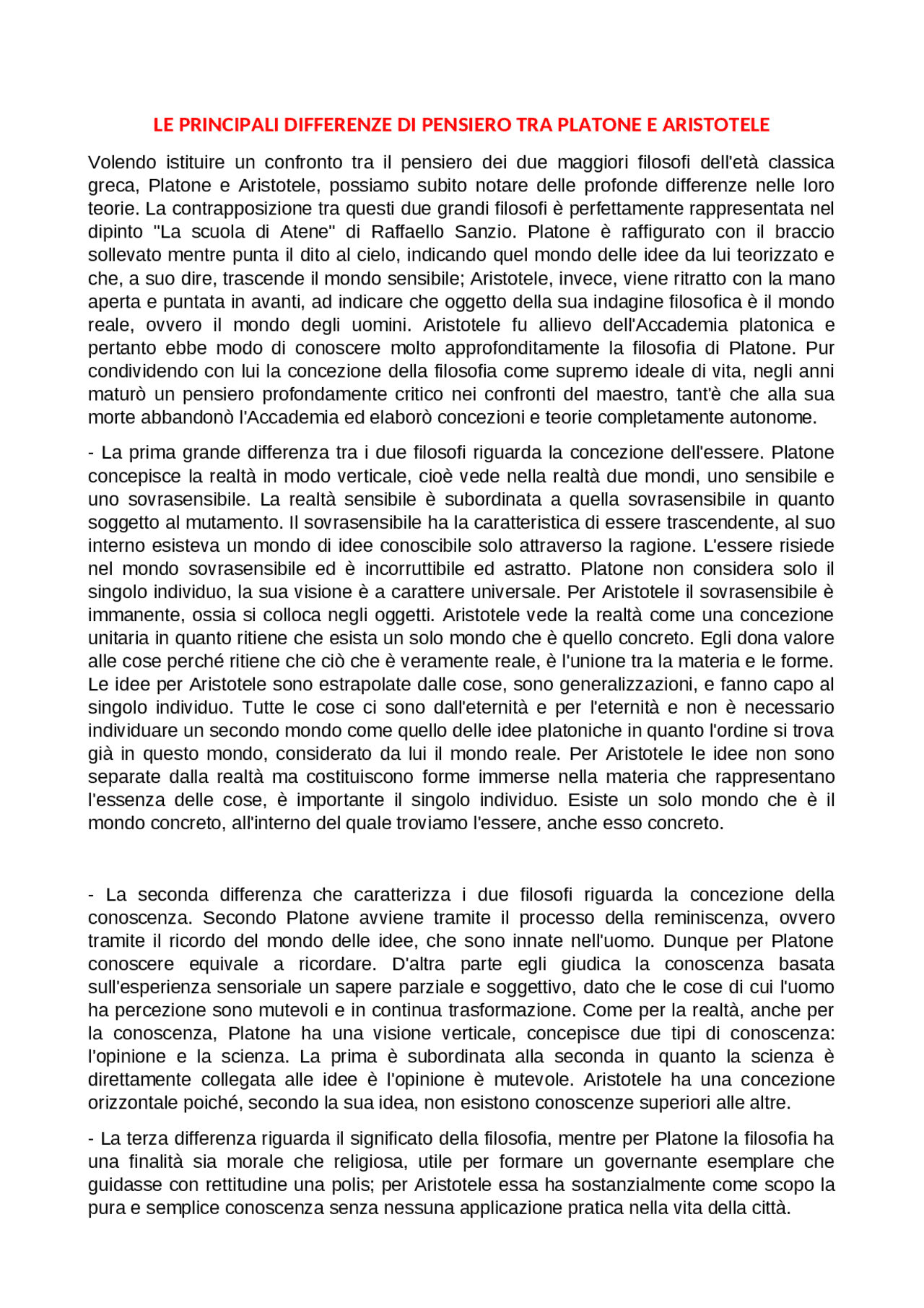 Le Principali Differenze Di Pensiero Tra Platone E Aristotele Docsity
