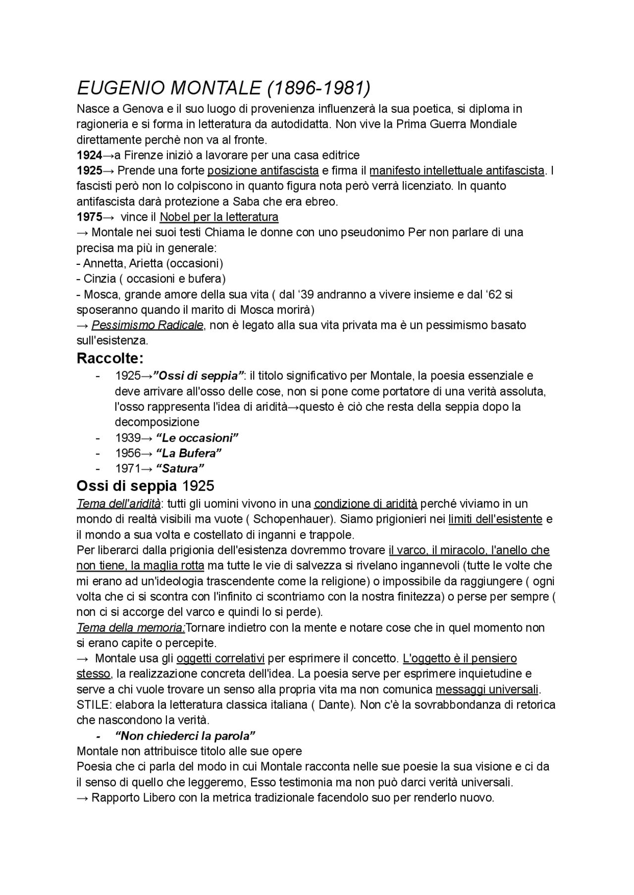 Eugenio Montale Maturità Appunti Di Italiano Docsity