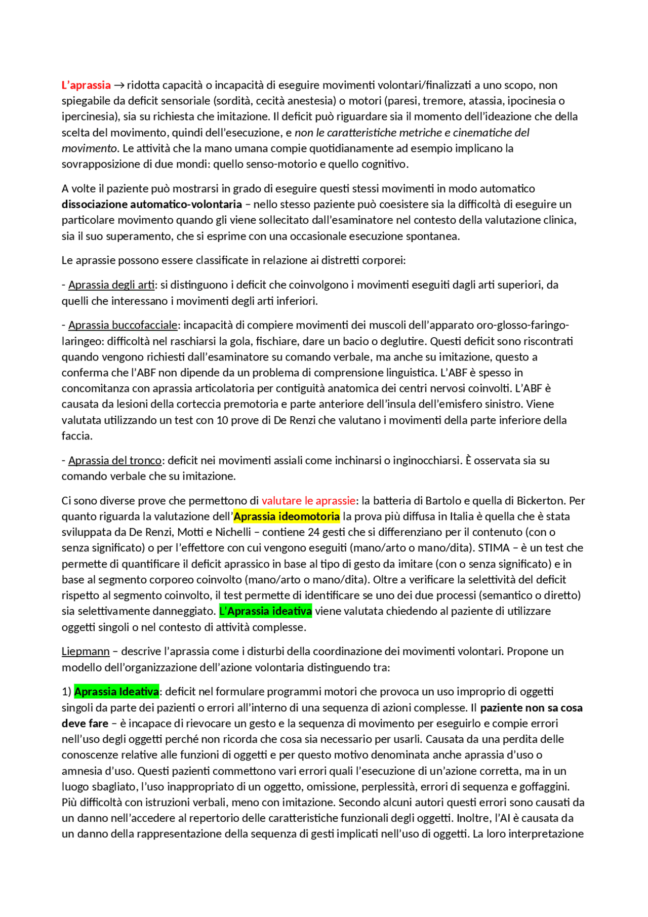 Appunti Aprassia Manuale Neuropsicologia Docsity