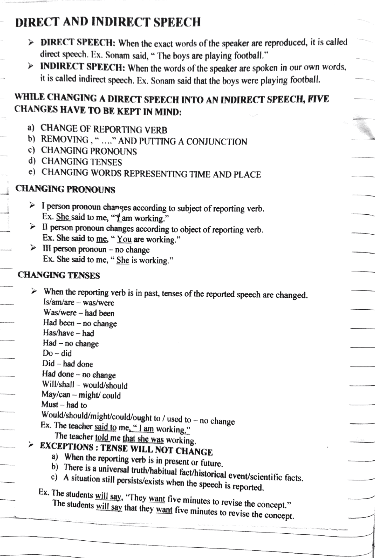 Direct Speech and Indirect Speech rules - Docsity