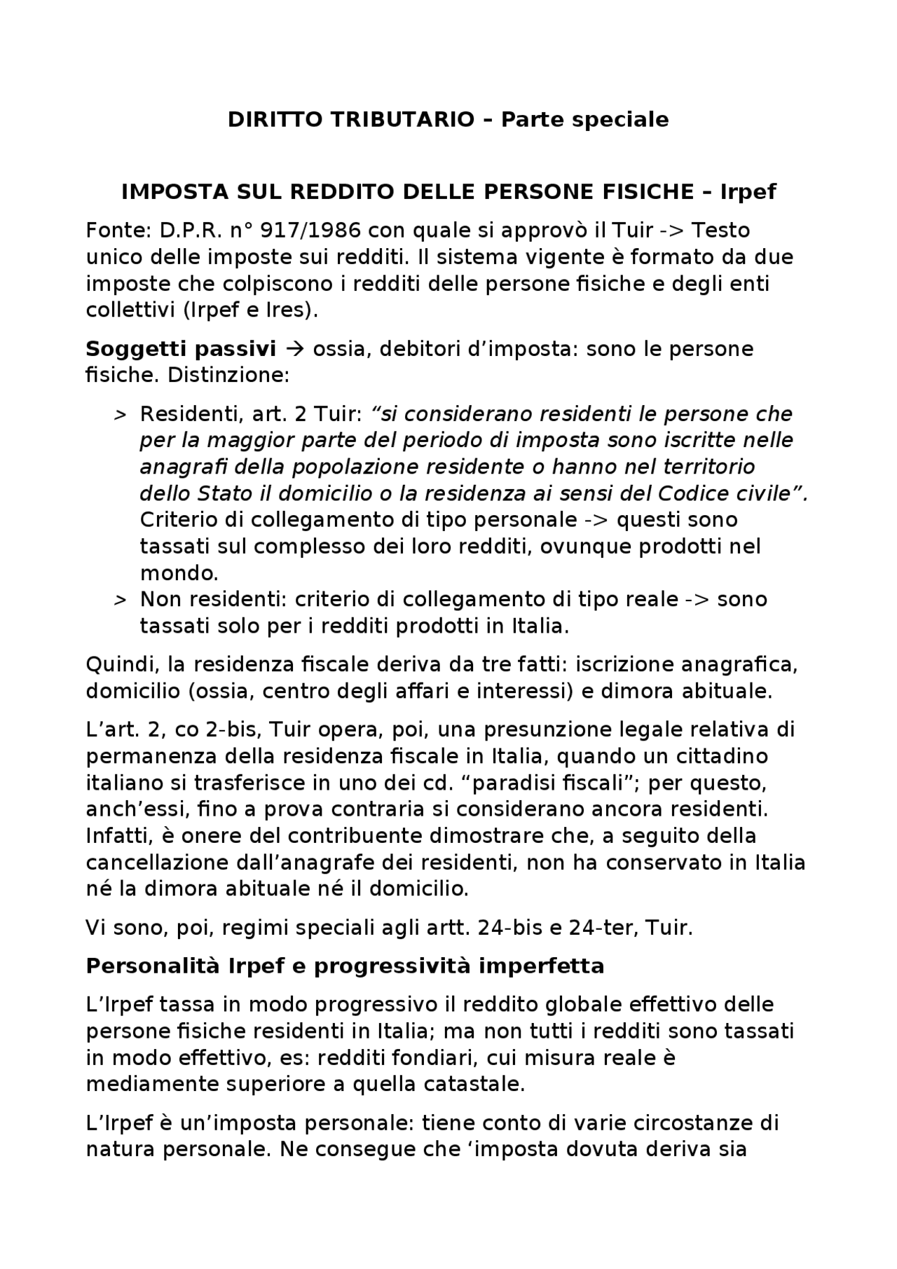 Diritto Tributario Parte Speciale Docsity