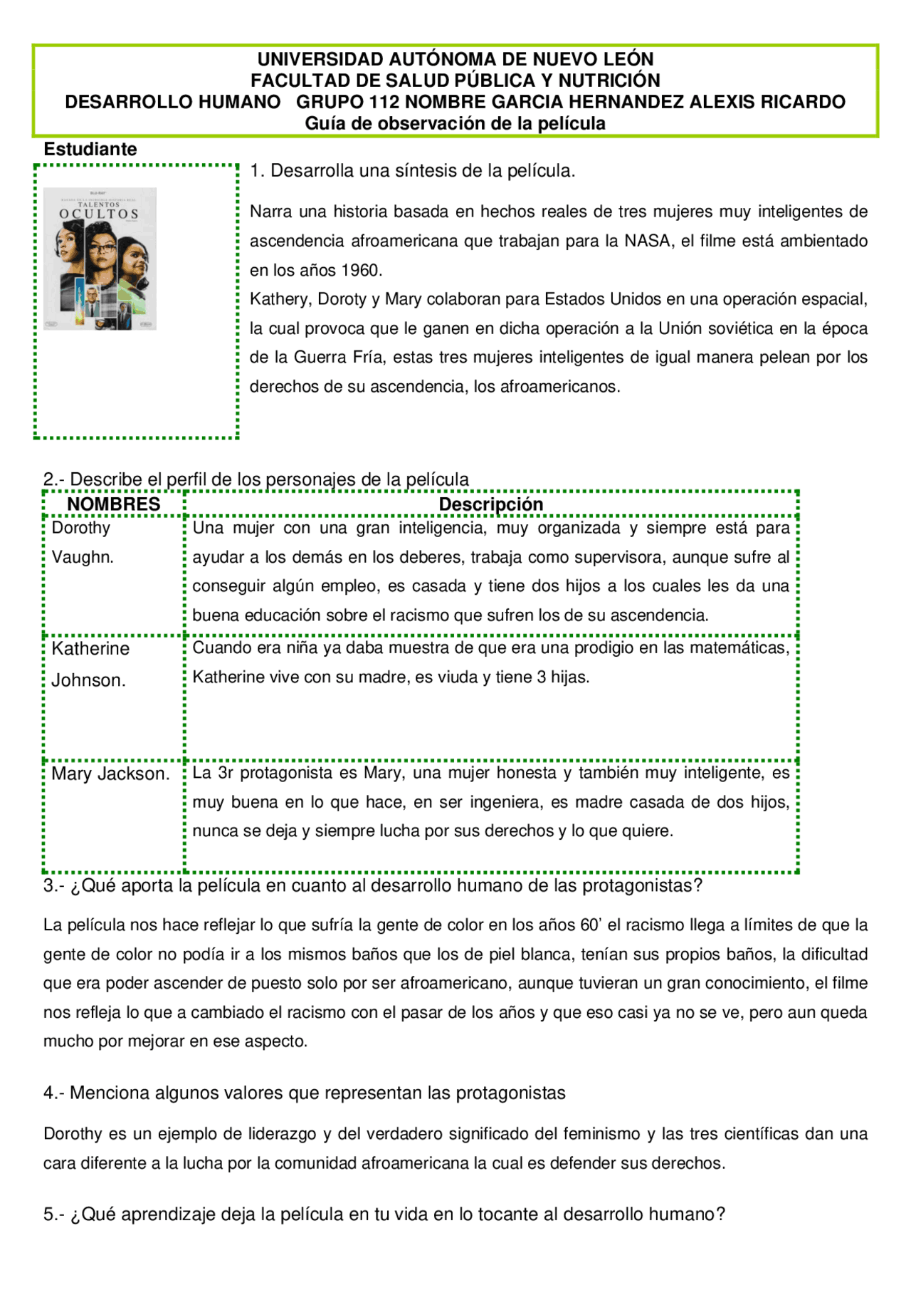 Guia De Observacion Película Ejercicios De Desarrollo Humano Docsity