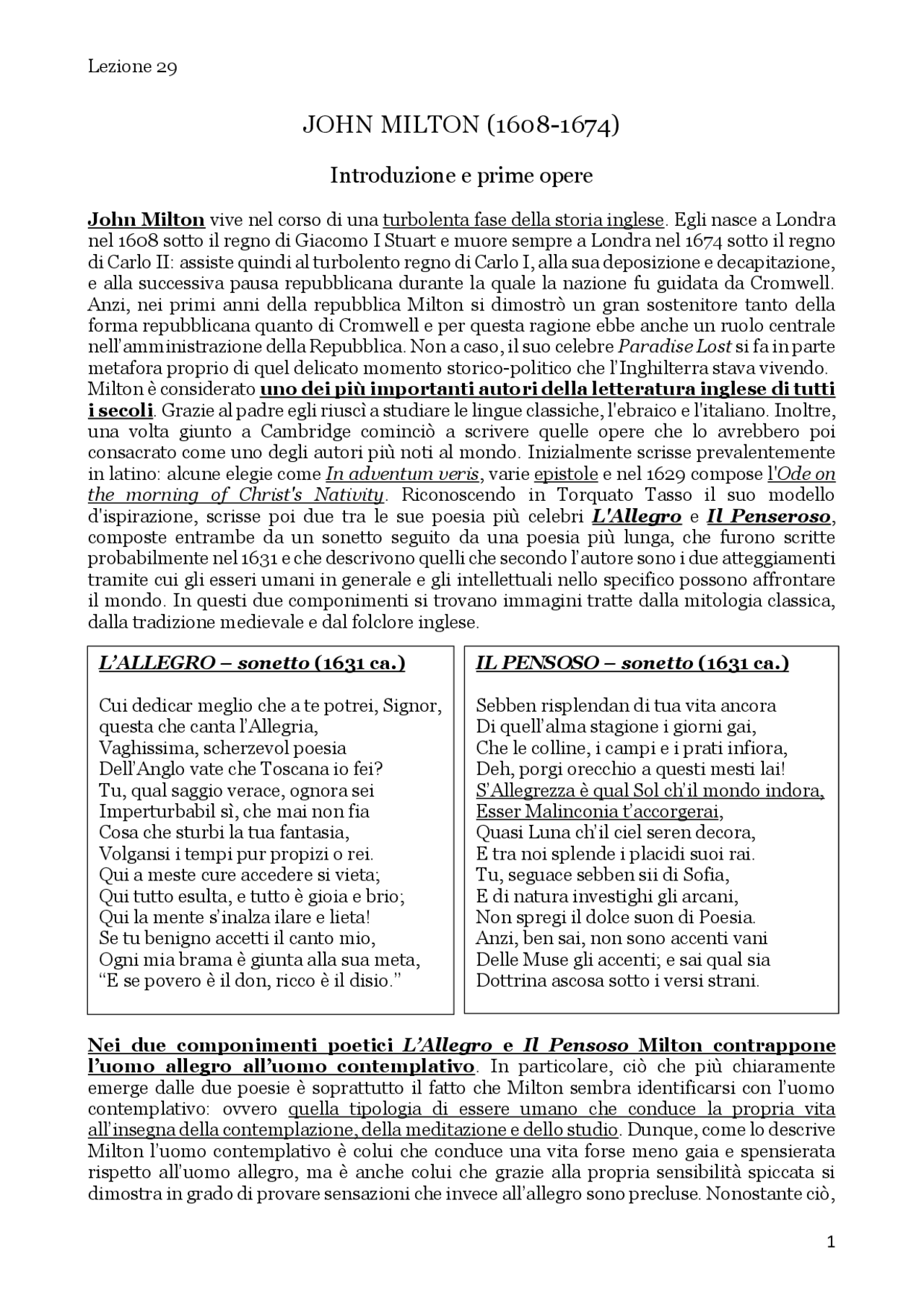 John Milton Vita E Opere Docsity