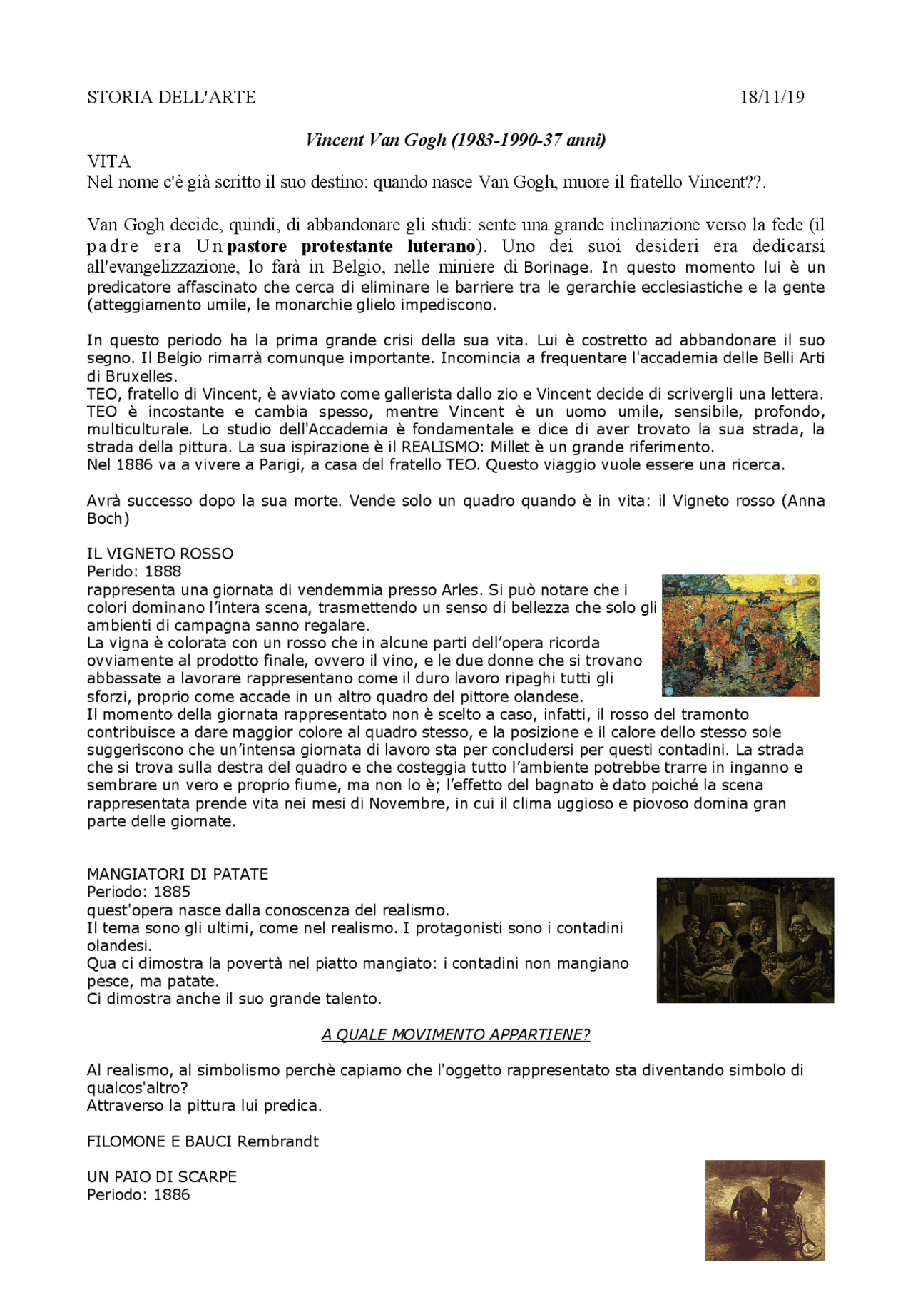 Vincent Van Gogh Vita E Opere Docsity