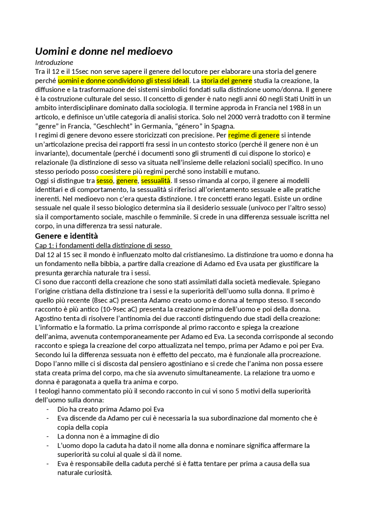 Riassunto Uomini E Donne Nel Medioevo Docsity