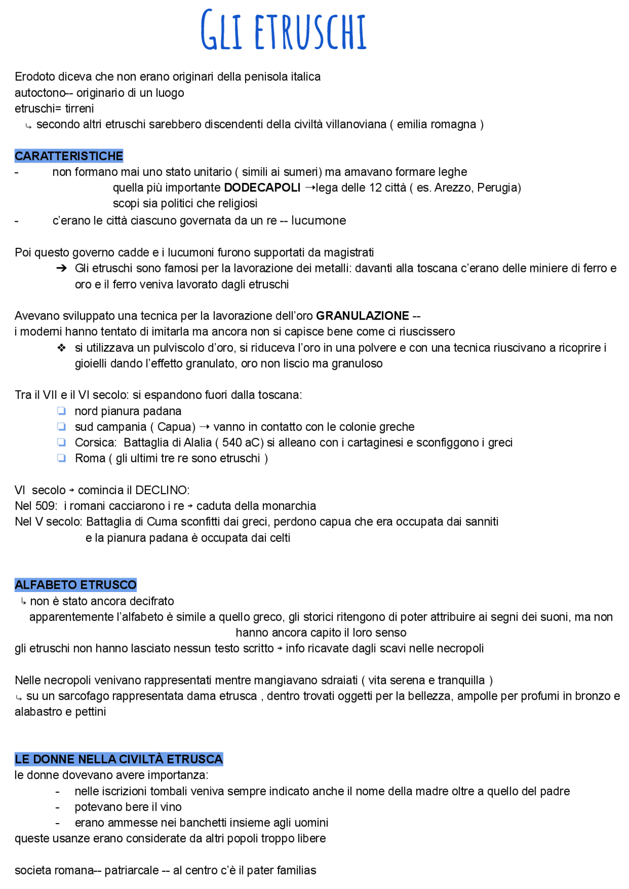 Schema Gli Etruschi Schemi E Mappe Concettuali Di Storia Docsity