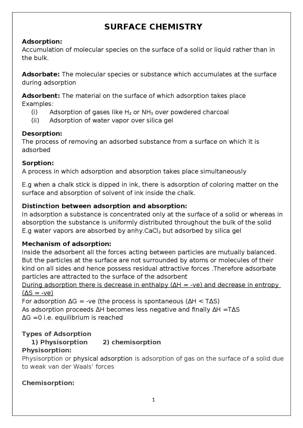 Chemistry’s : Surface chemistry notes. - Docsity