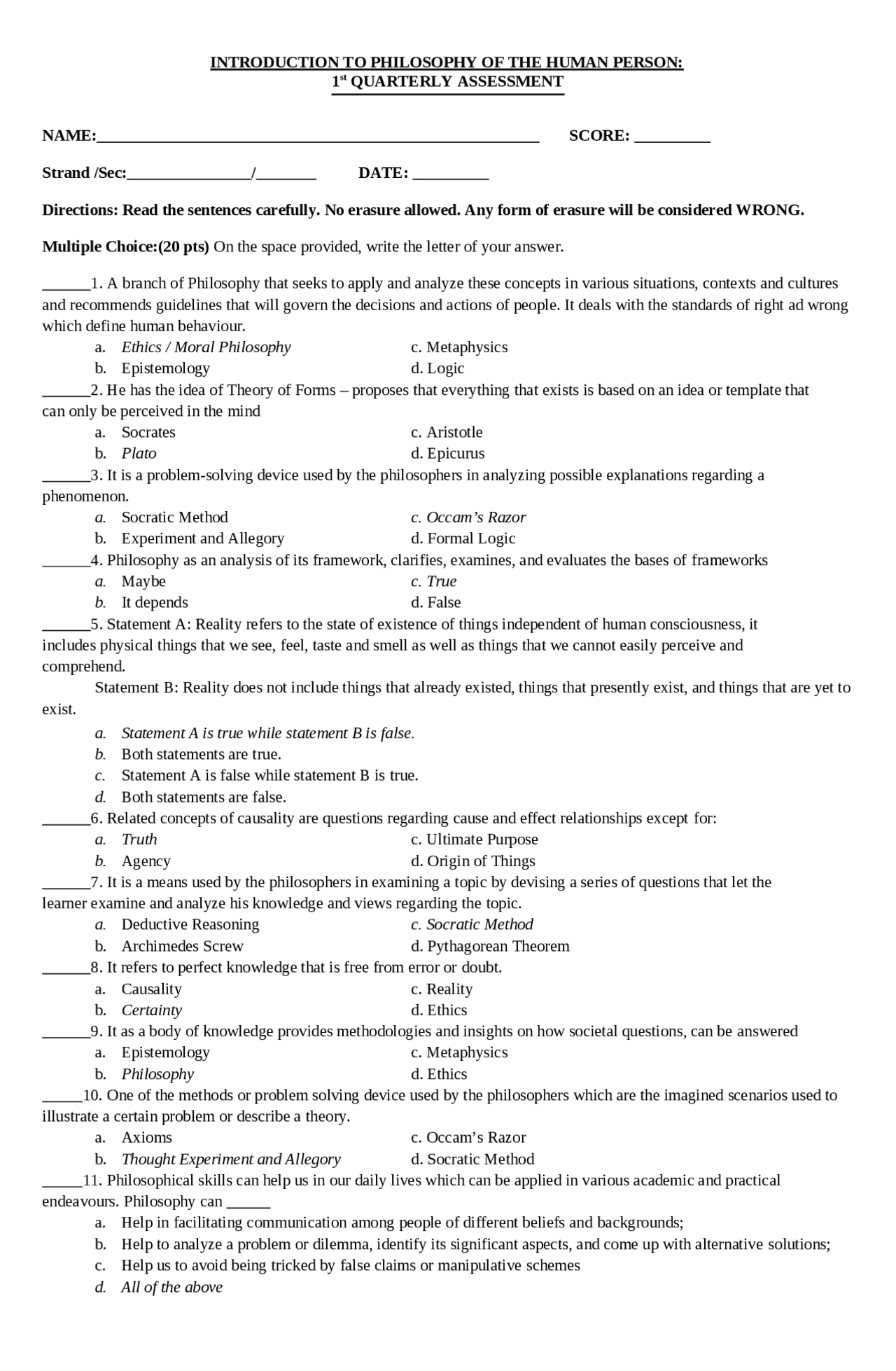 Summative test for intro to philosophy | Cheat Sheet Philosophy | Docsity