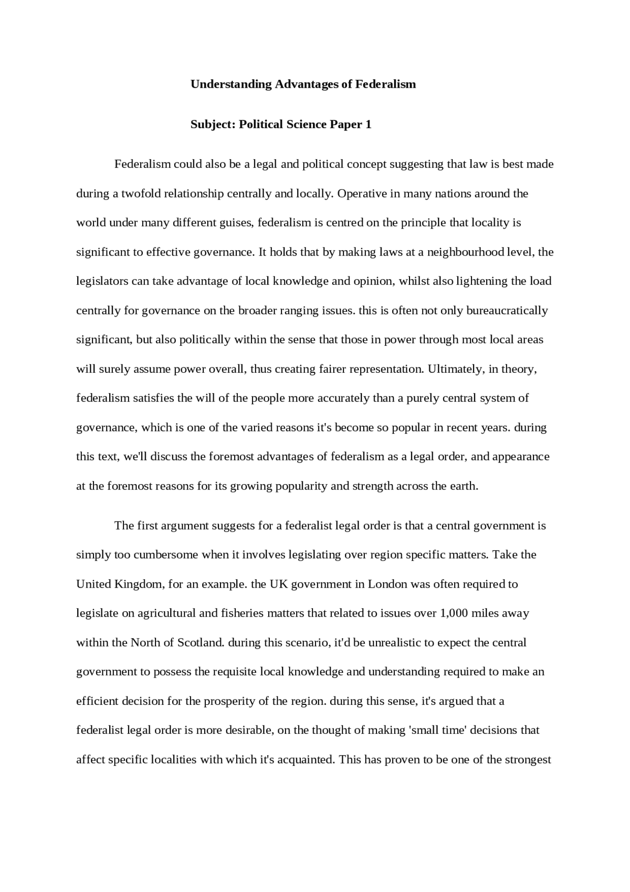Understanding Advantages of Federalism - Docsity