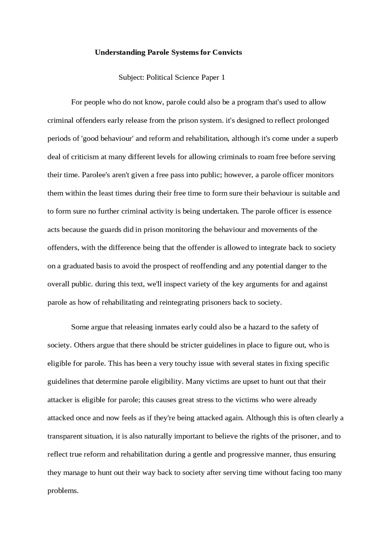 Understanding Parole Systems for Convicts - Docsity