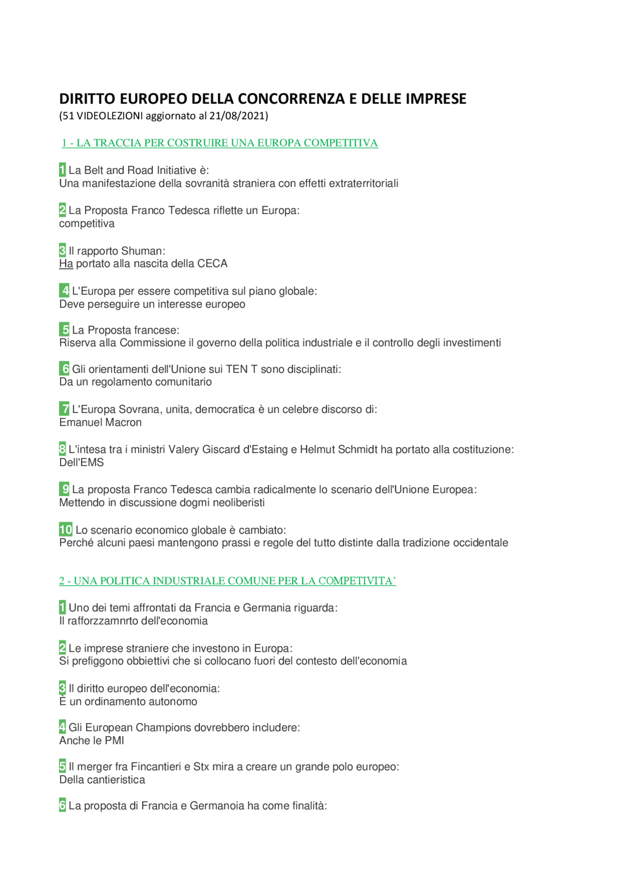 Prove Di Esame Test Completo Diritto Europeo Docsity