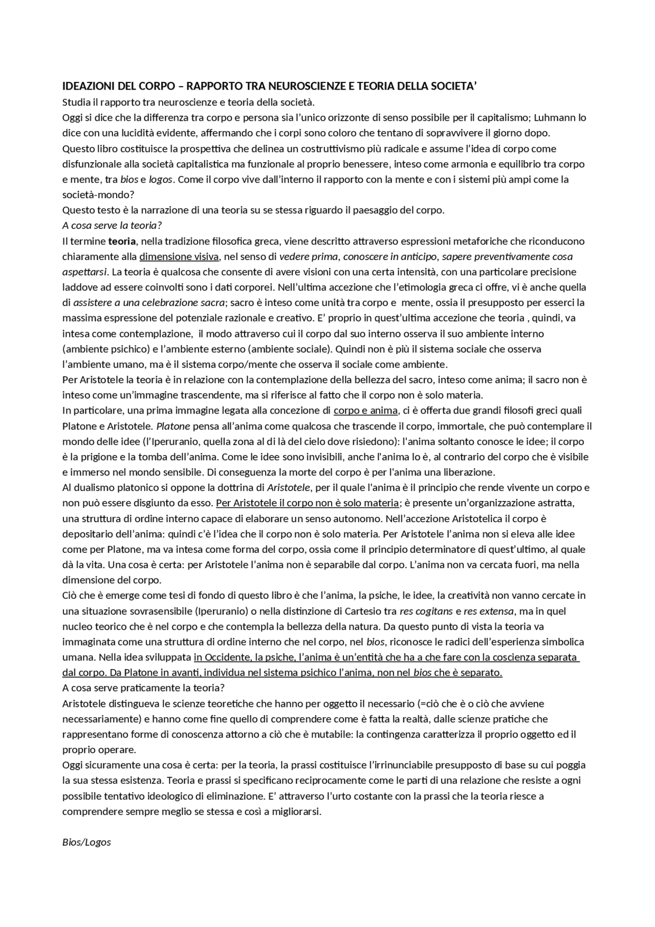 Libro Riassunto E Approfondimento Su Ideazioni Del Corpo Docsity