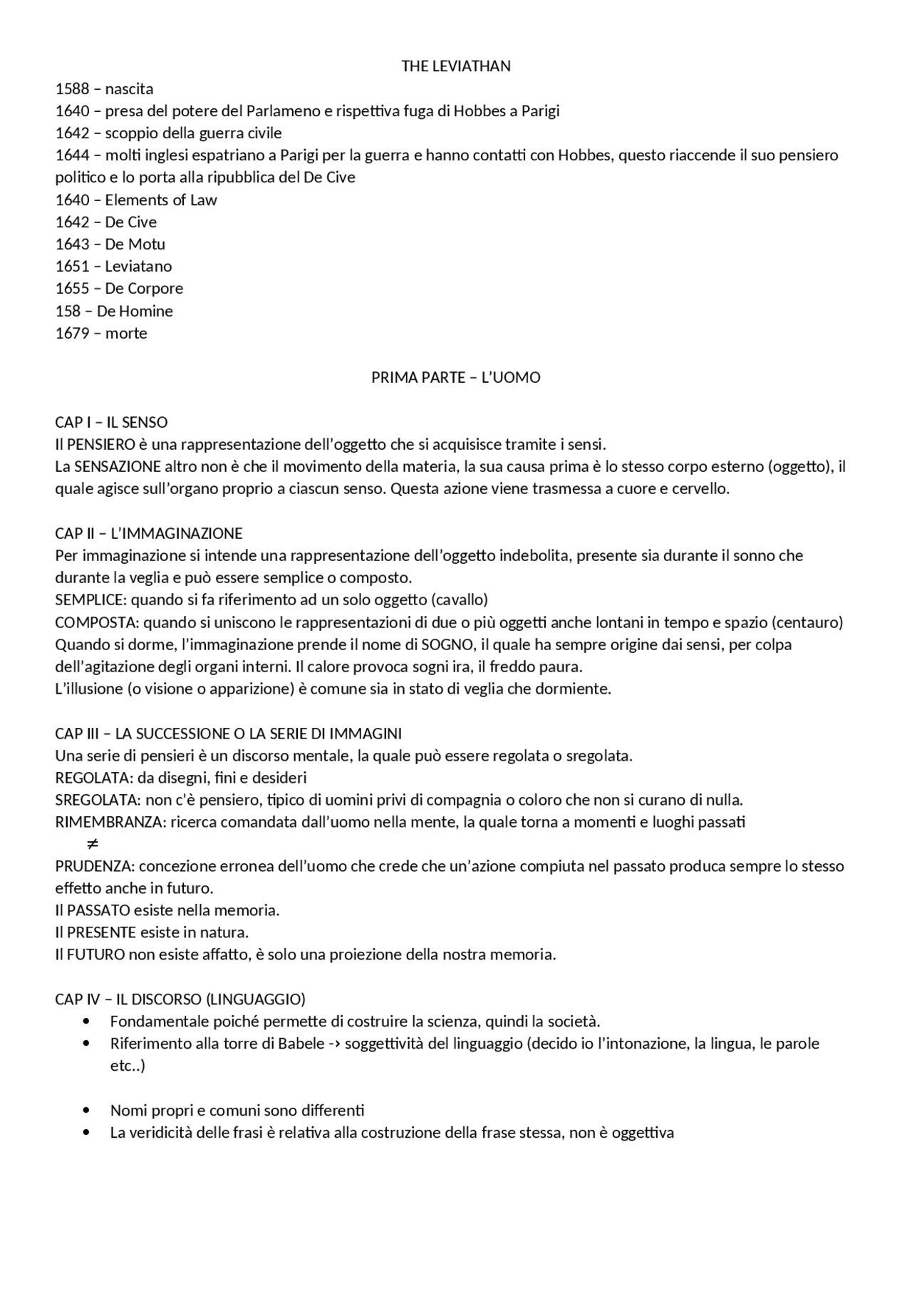 Il Leviatano Hobbes Schema Riassuntivo Docsity