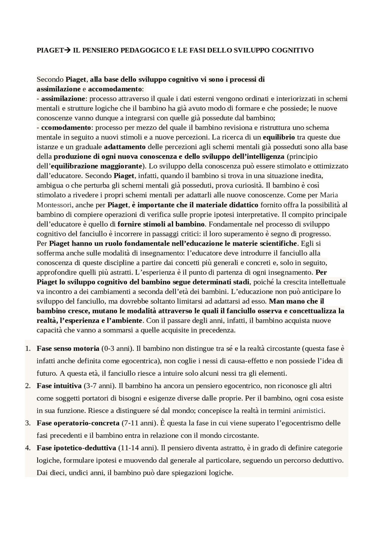 Lo Sviluppo Cognitivo Di Jean Piaget Docsity