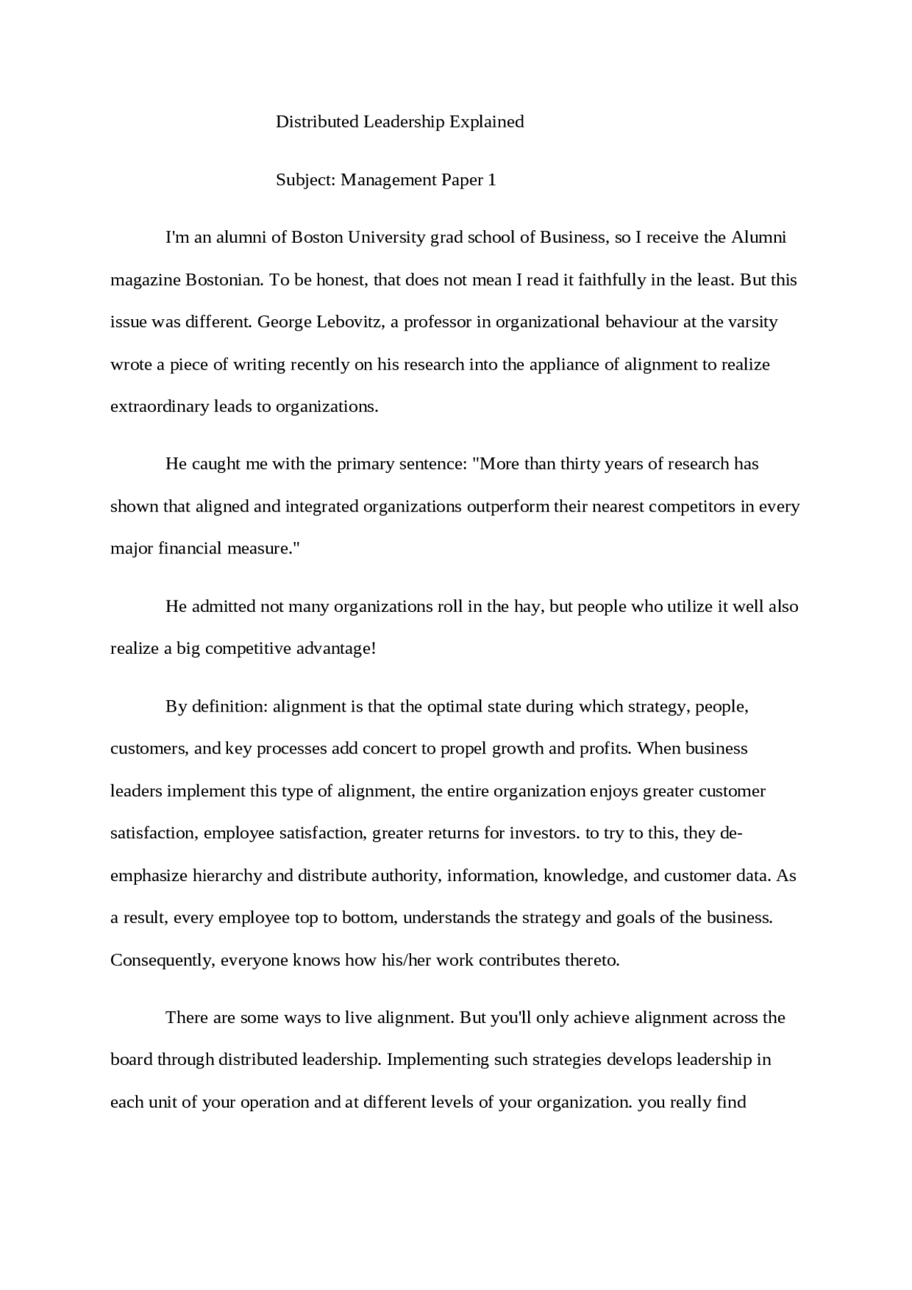 Distributed Leadership Explained Essays University Management Fundamentals Docsity