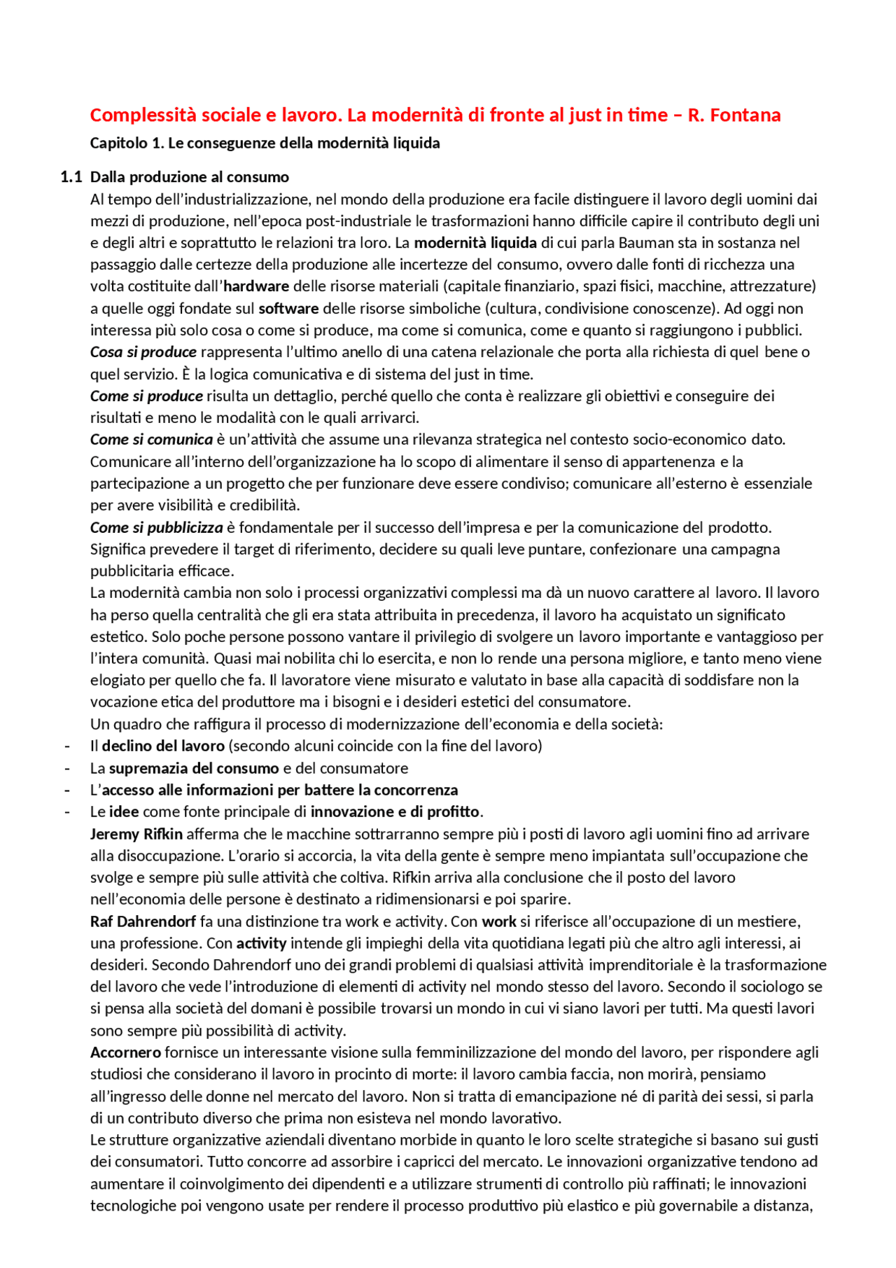Riassunto Complessità Sociale E Lavoro Fontana Docsity