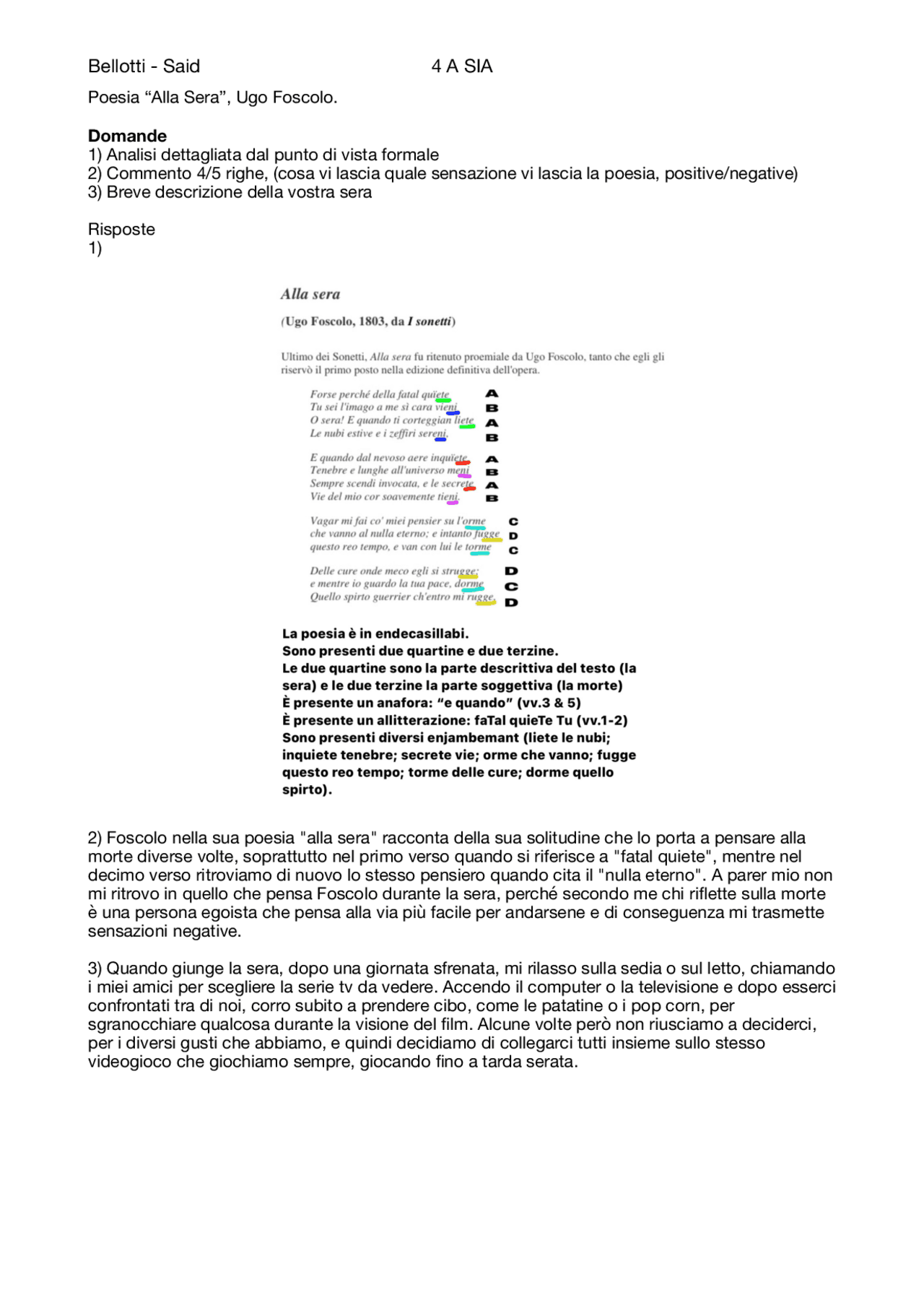 Alla Sera Ugo Foscolo Esercizi Di Italiano Docsity