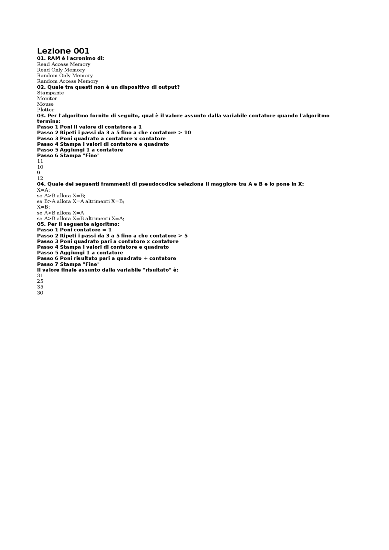 Paniere Domande Abilità Informatiche Docsity