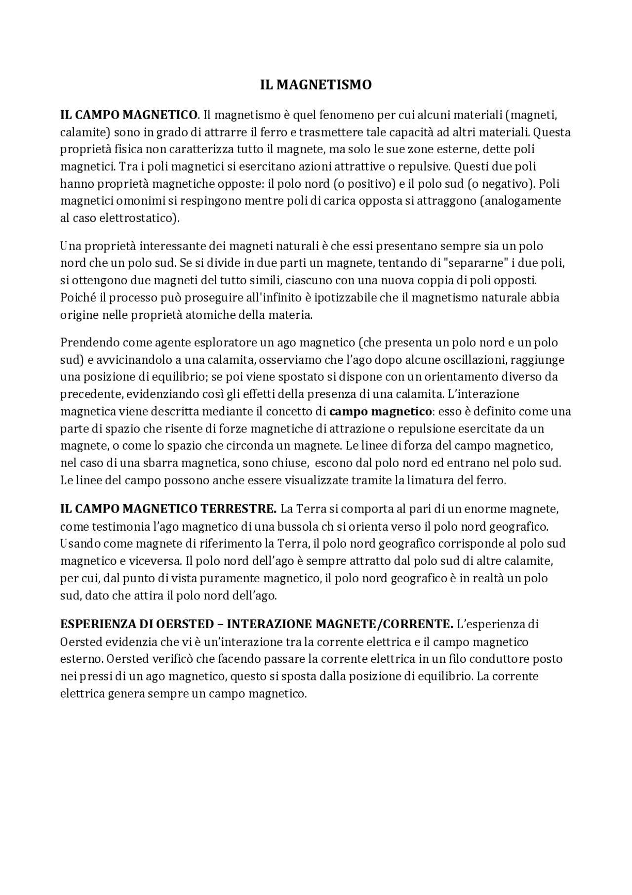Fisica - Il Magnetismo e Campo Magnetico - Docsity